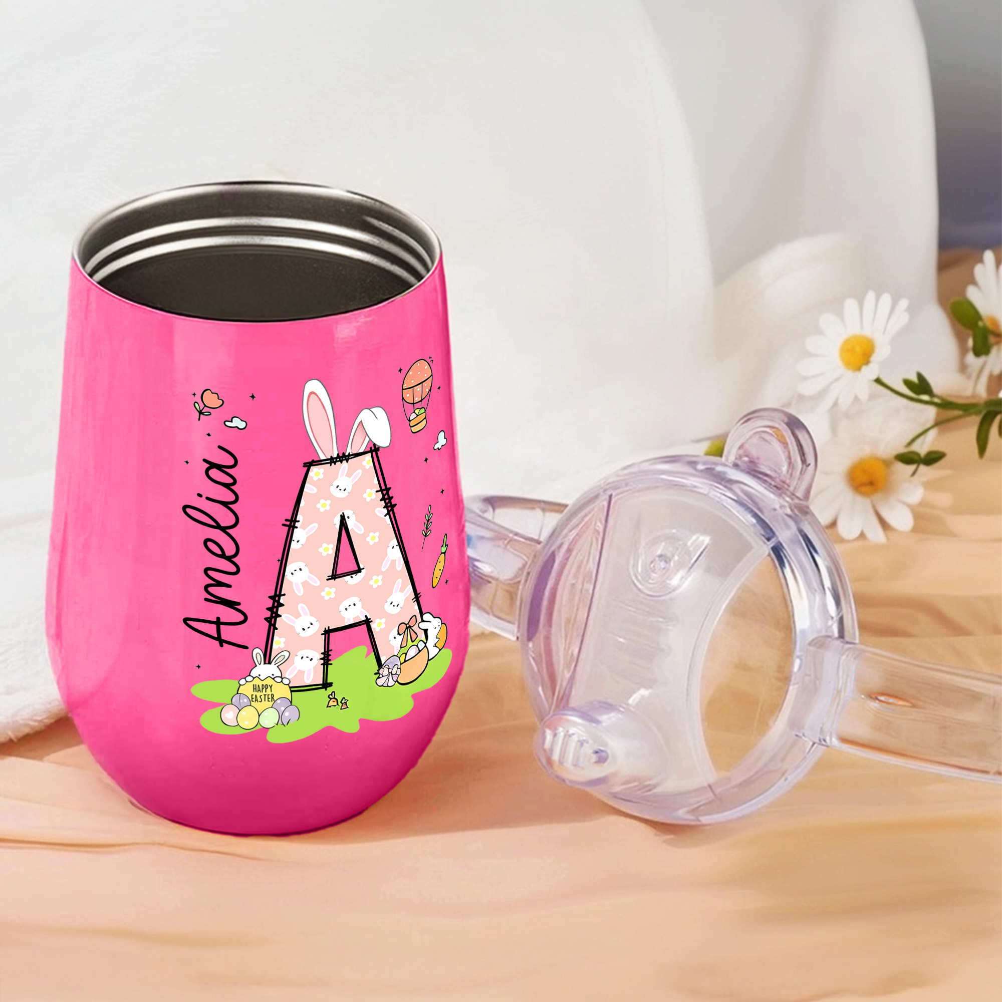 Personalised Floral Bunny Ears Initial Easter Egg 10 oz Insulated Sippy ...