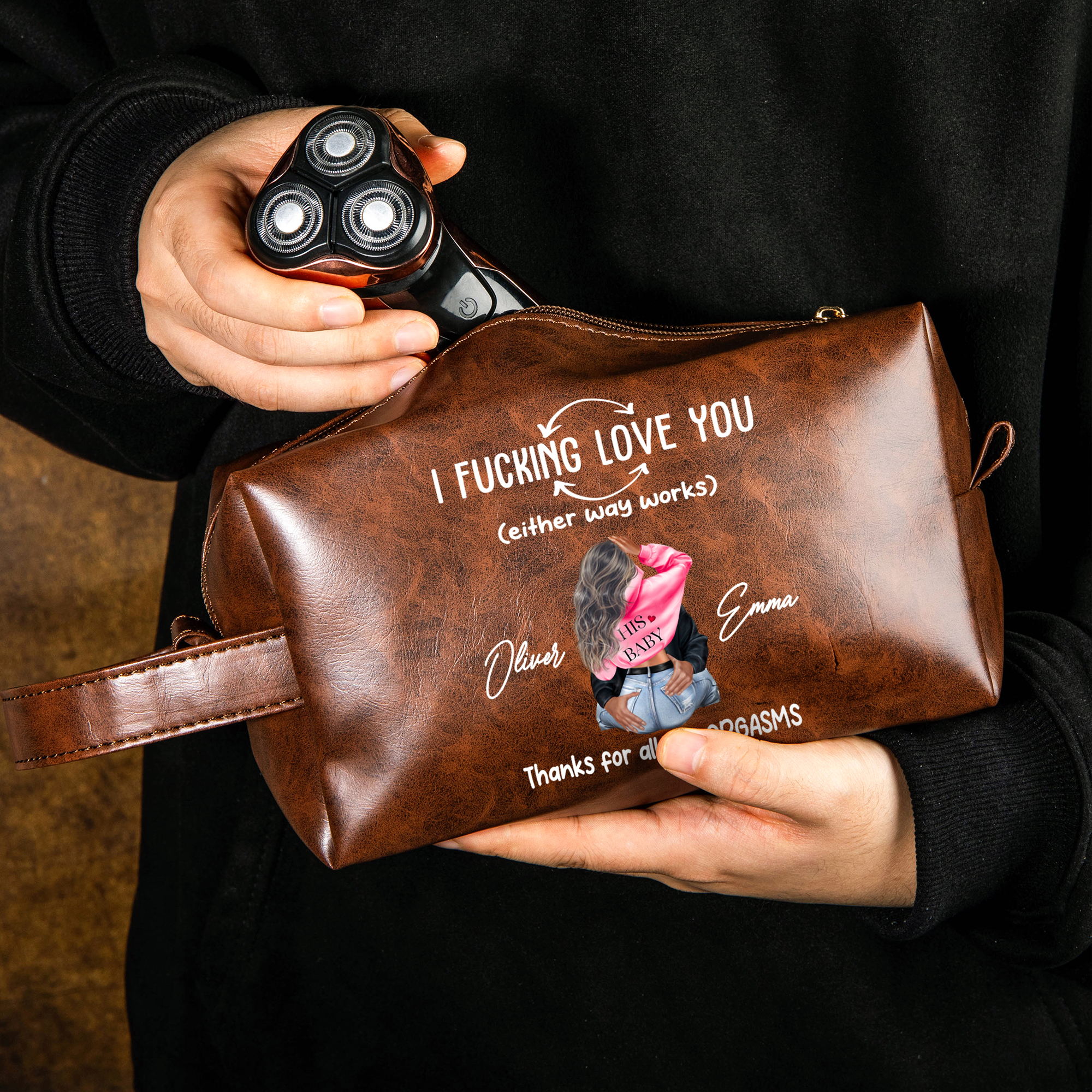 Personalized Cartoon Couple Character PU Leather Toiletry Bag with Name ...