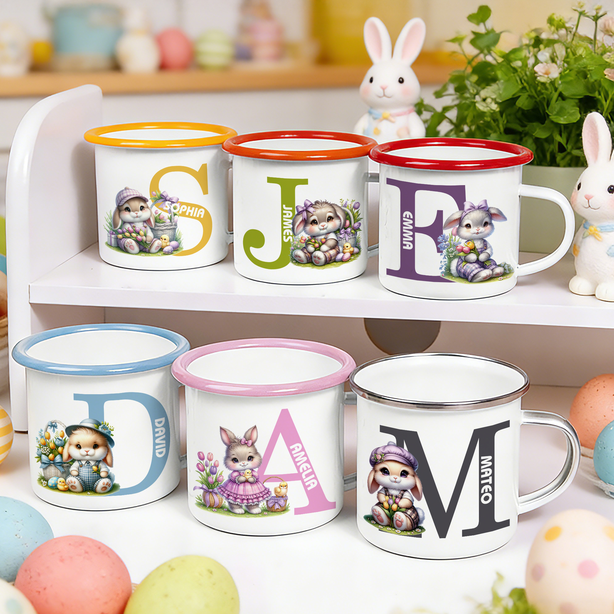 Personalized Cute Easter Bunny Flower Initial 12 oz Colored Rim Enamel ...