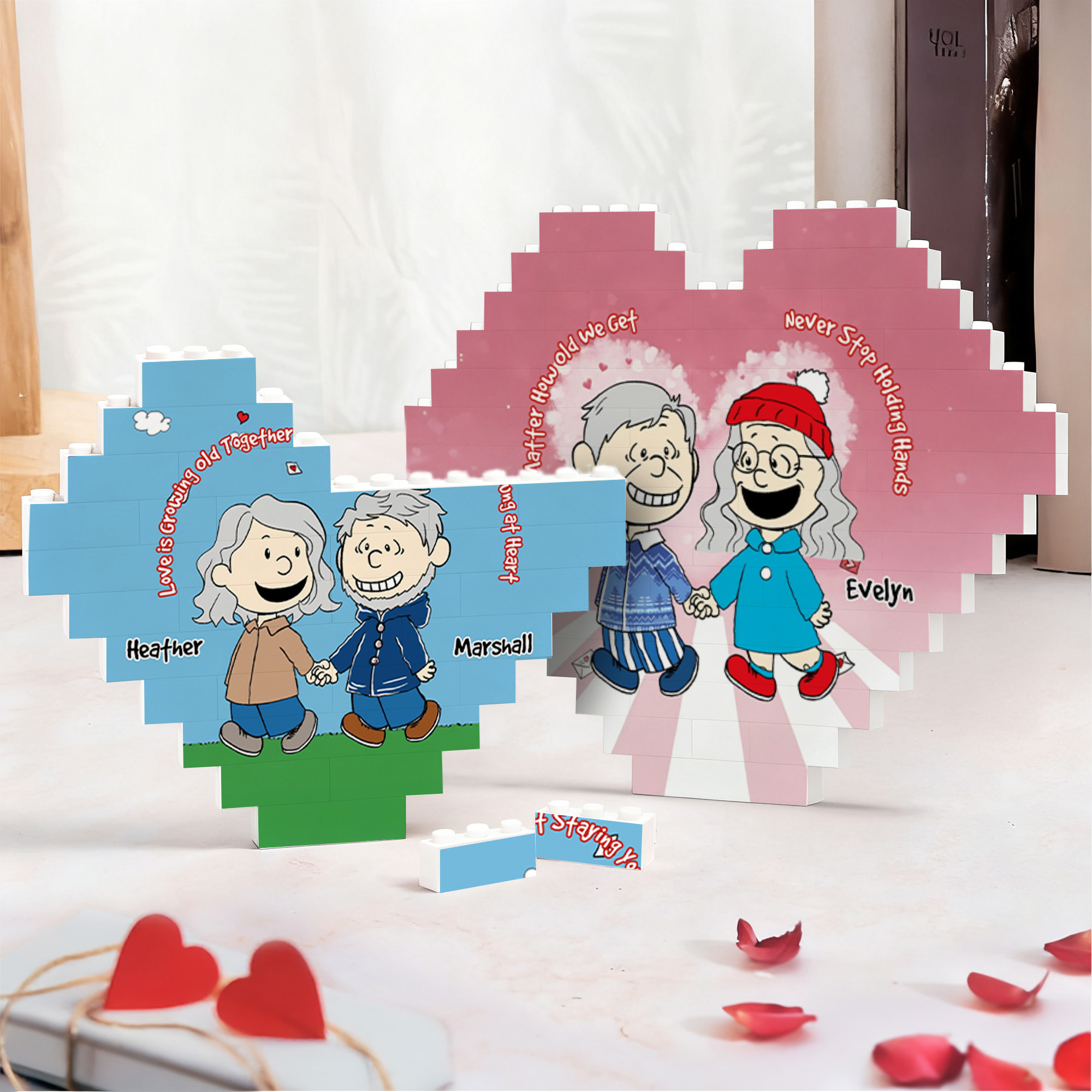Personalised Comic Character Couple Heart ABS Building Block Puzzle ...