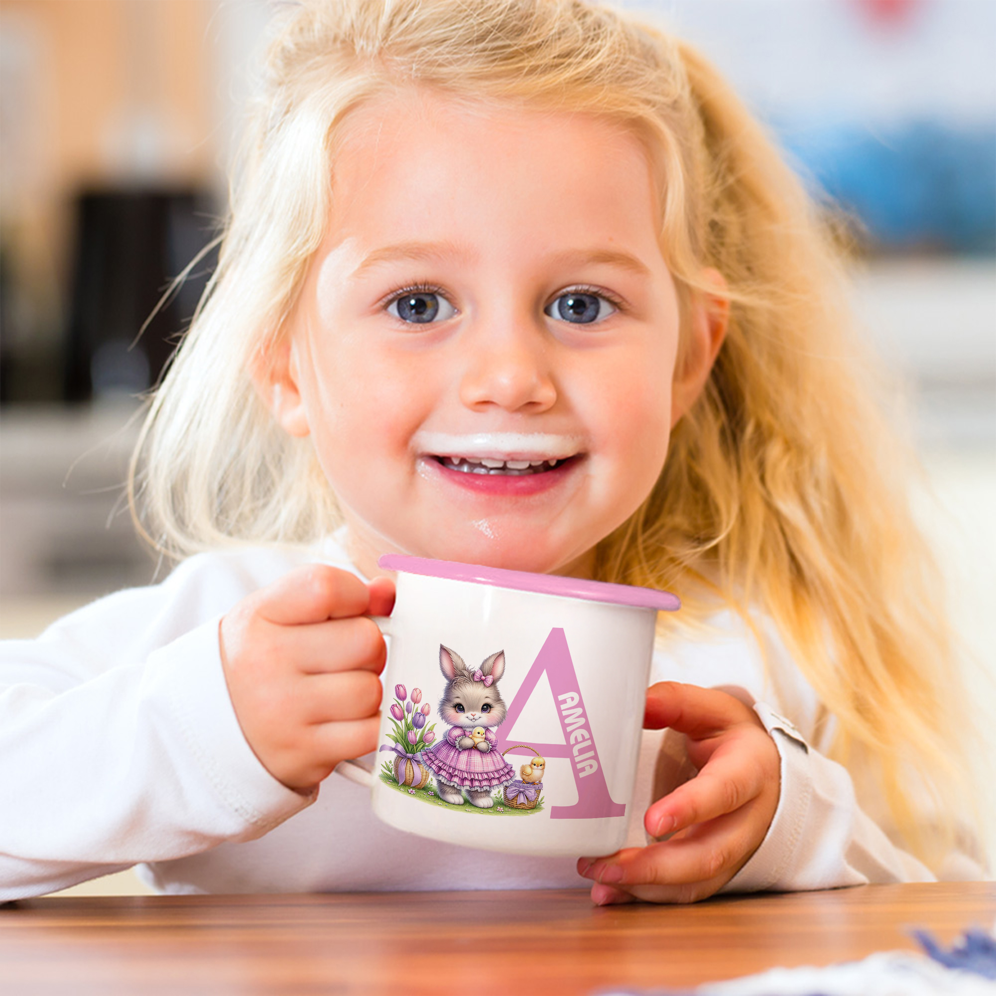 Personalised Cute Easter Bunny Flower Initial 12 oz Coloured Rim Enamel ...