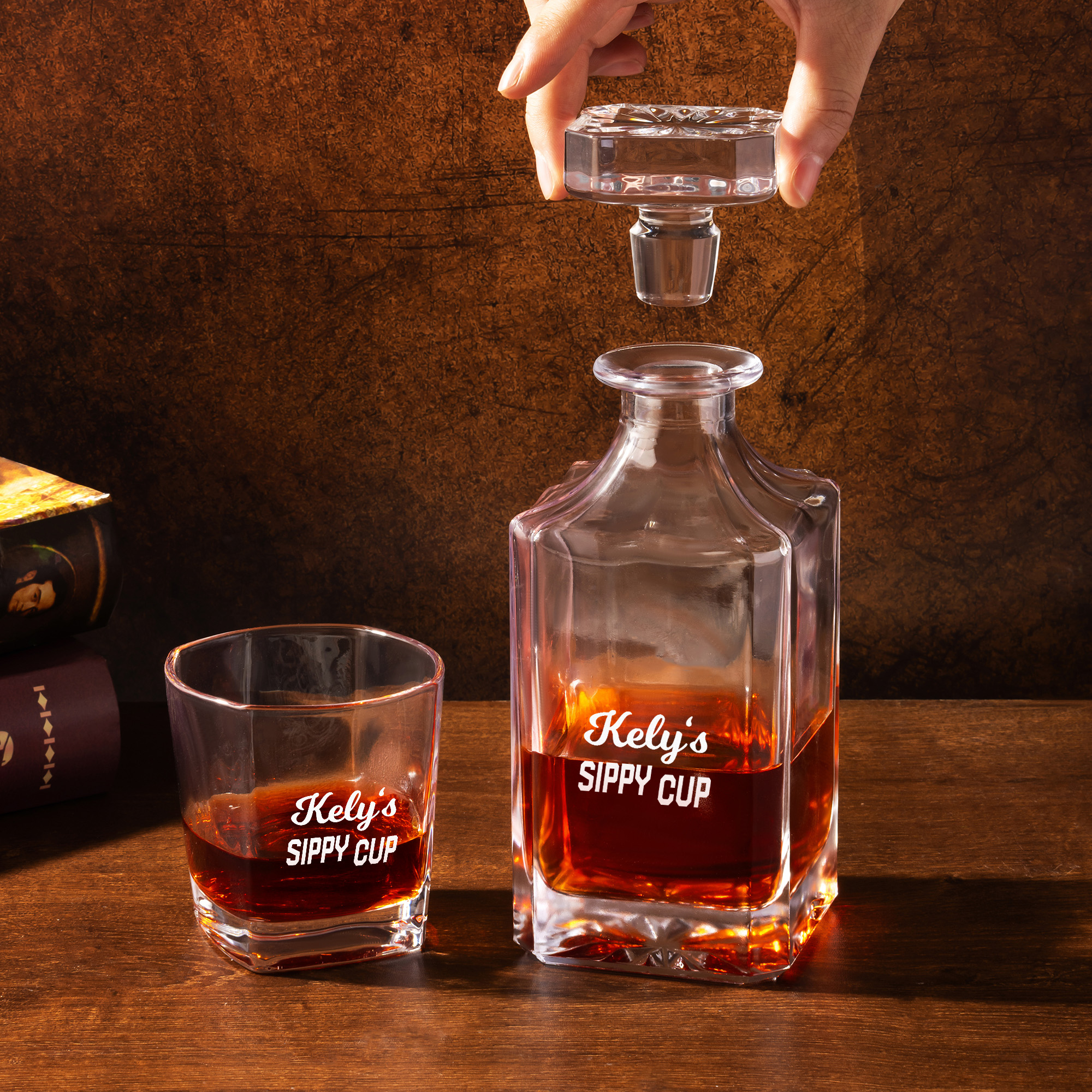 Personalized Sippy Cup Whiskey Decanter Wooden Box and 2 Glasses with ...