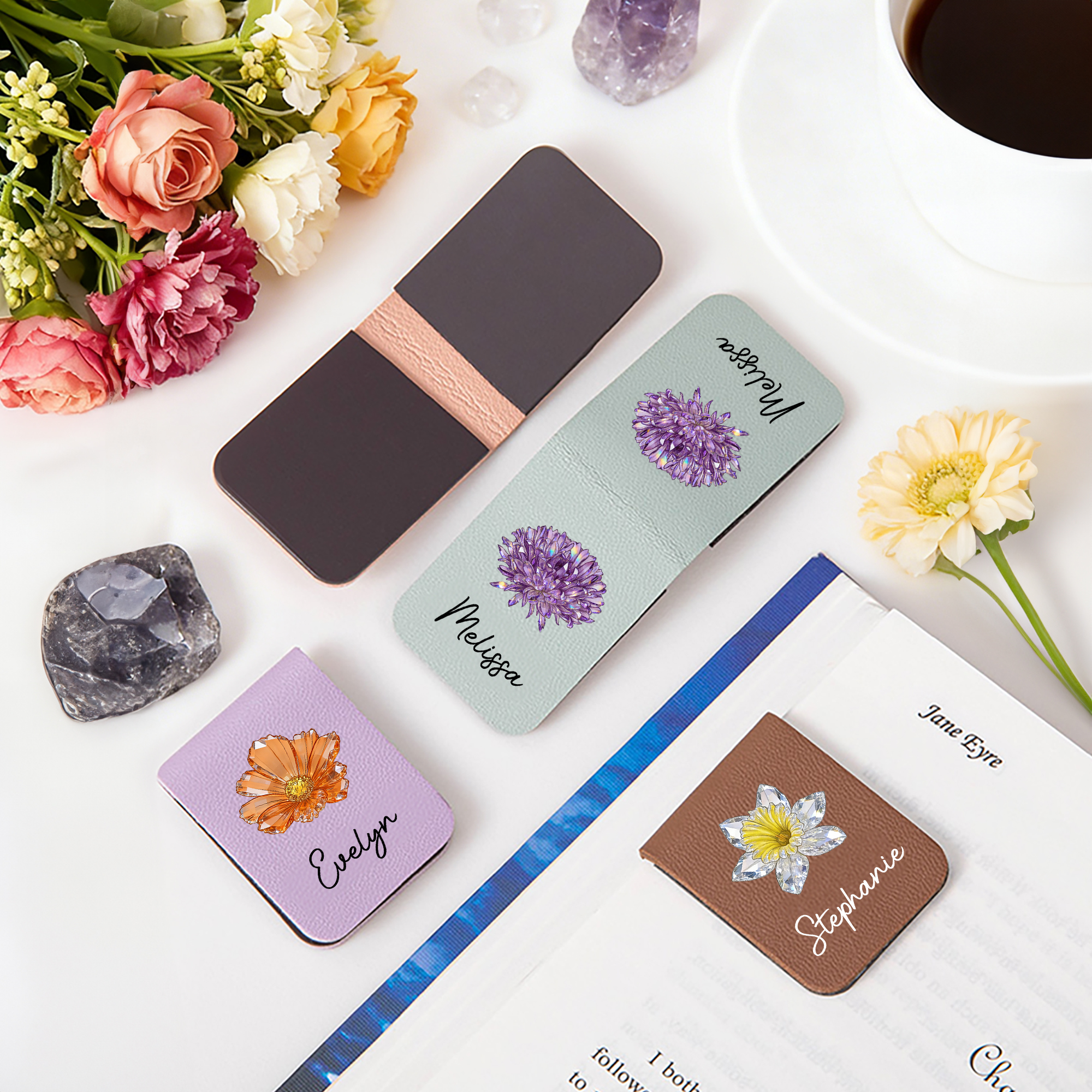 Personalized Crystal Birth Flower Reading Magnetic PU Leather Bookmark ...