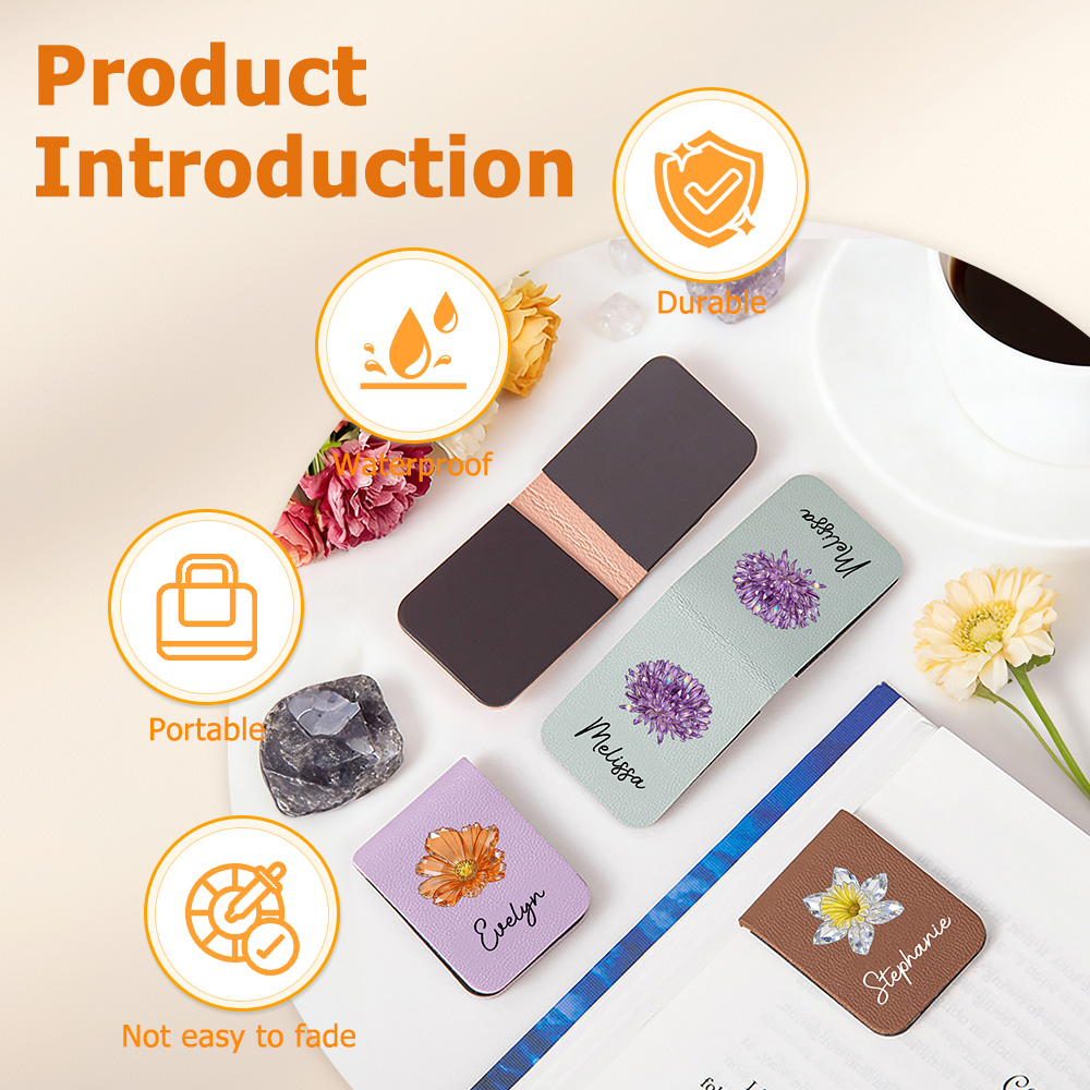 Personalized Crystal Birth Flower Reading Magnetic PU Leather Bookmark ...