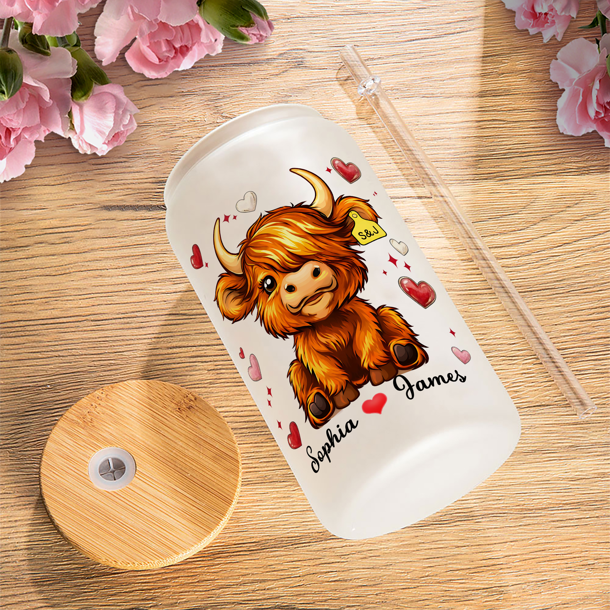 Tasse en verre transparent givré personnalisée avec nom et paille Vache ...