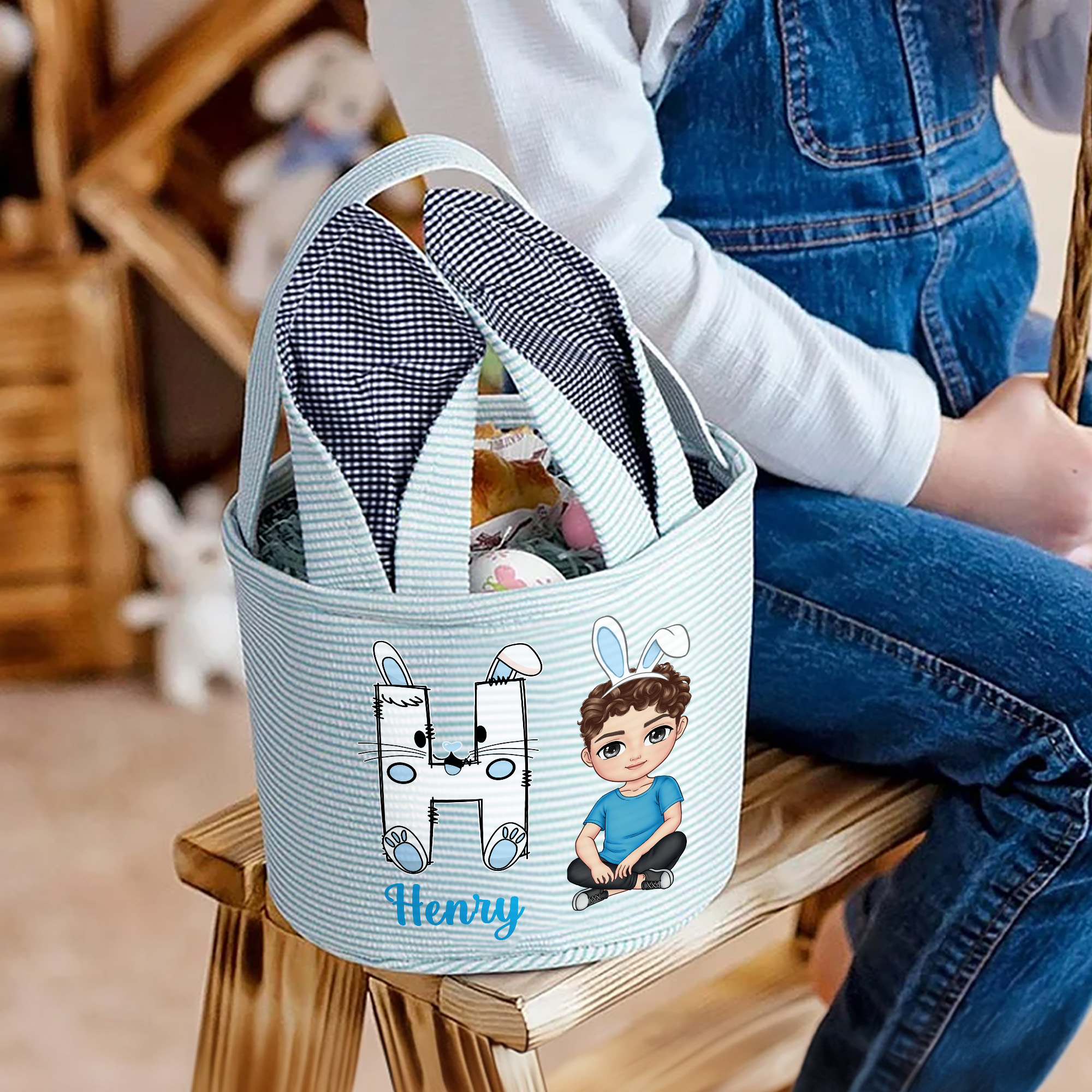 Personalized Cartoon Character Canvas Striped Basket with Name and ...