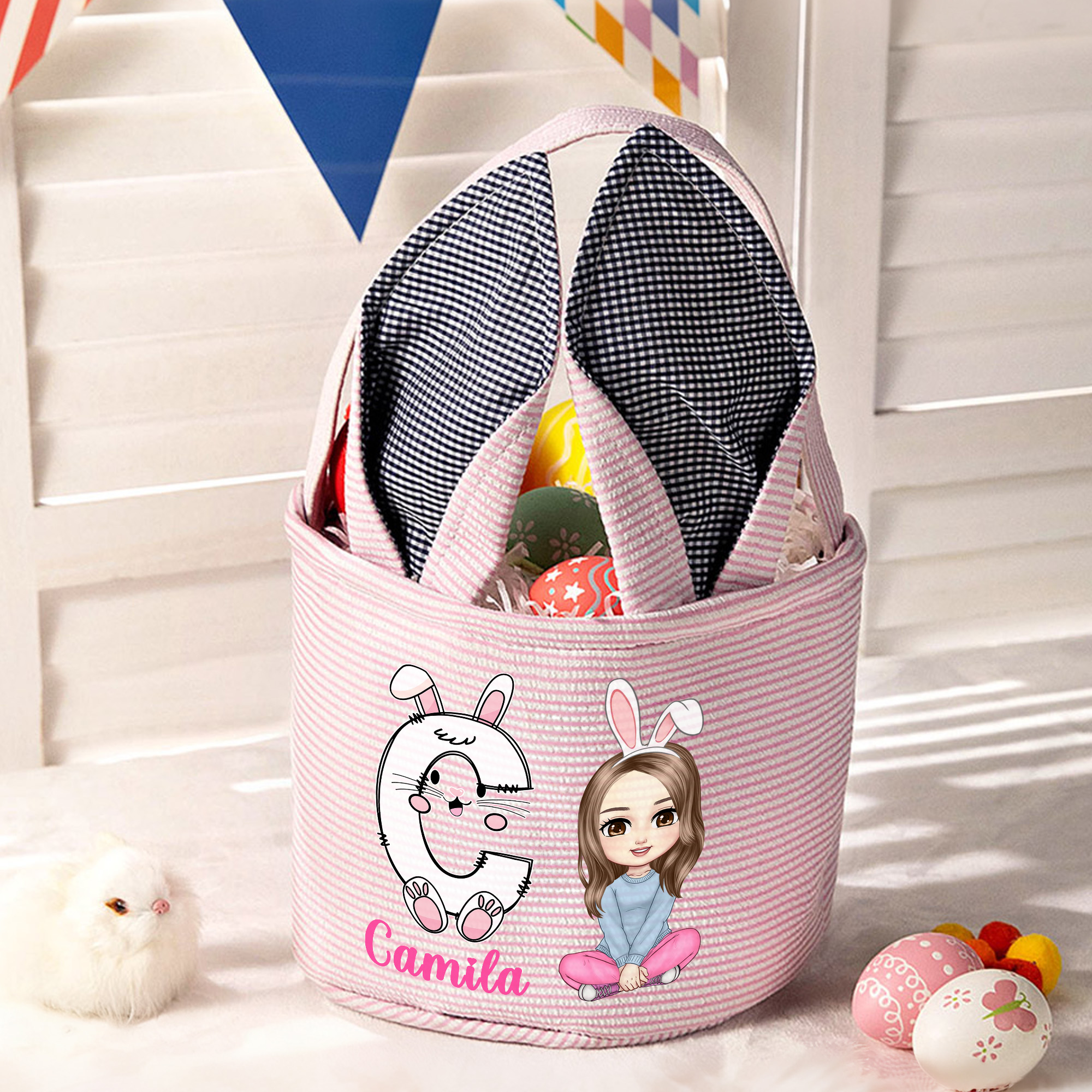 Personalised Cartoon Character Canvas Striped Basket with Name and ...