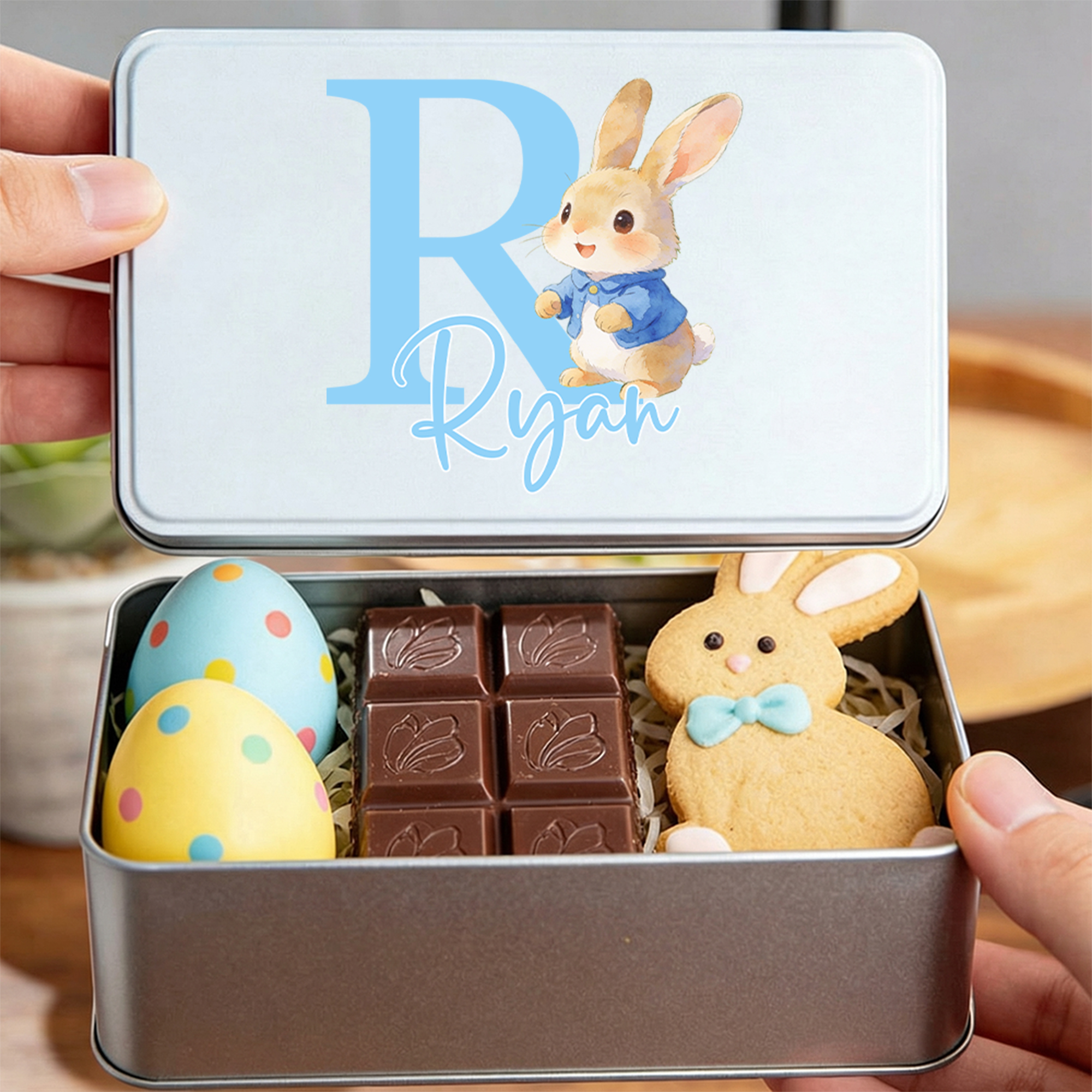 Personalized Cute Cartoon Rabbit Initial Biscuit Tin Storage Box with ...