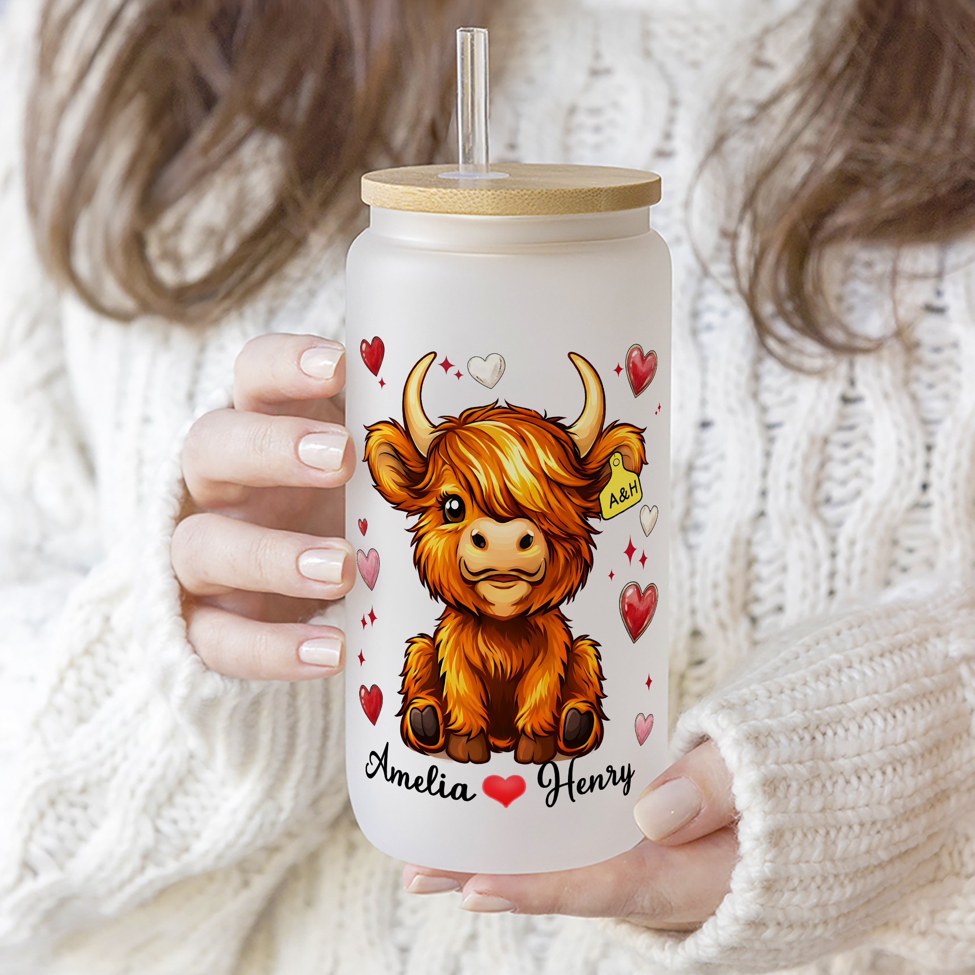 Tasse en verre transparent givré personnalisée avec nom et paille Vache ...