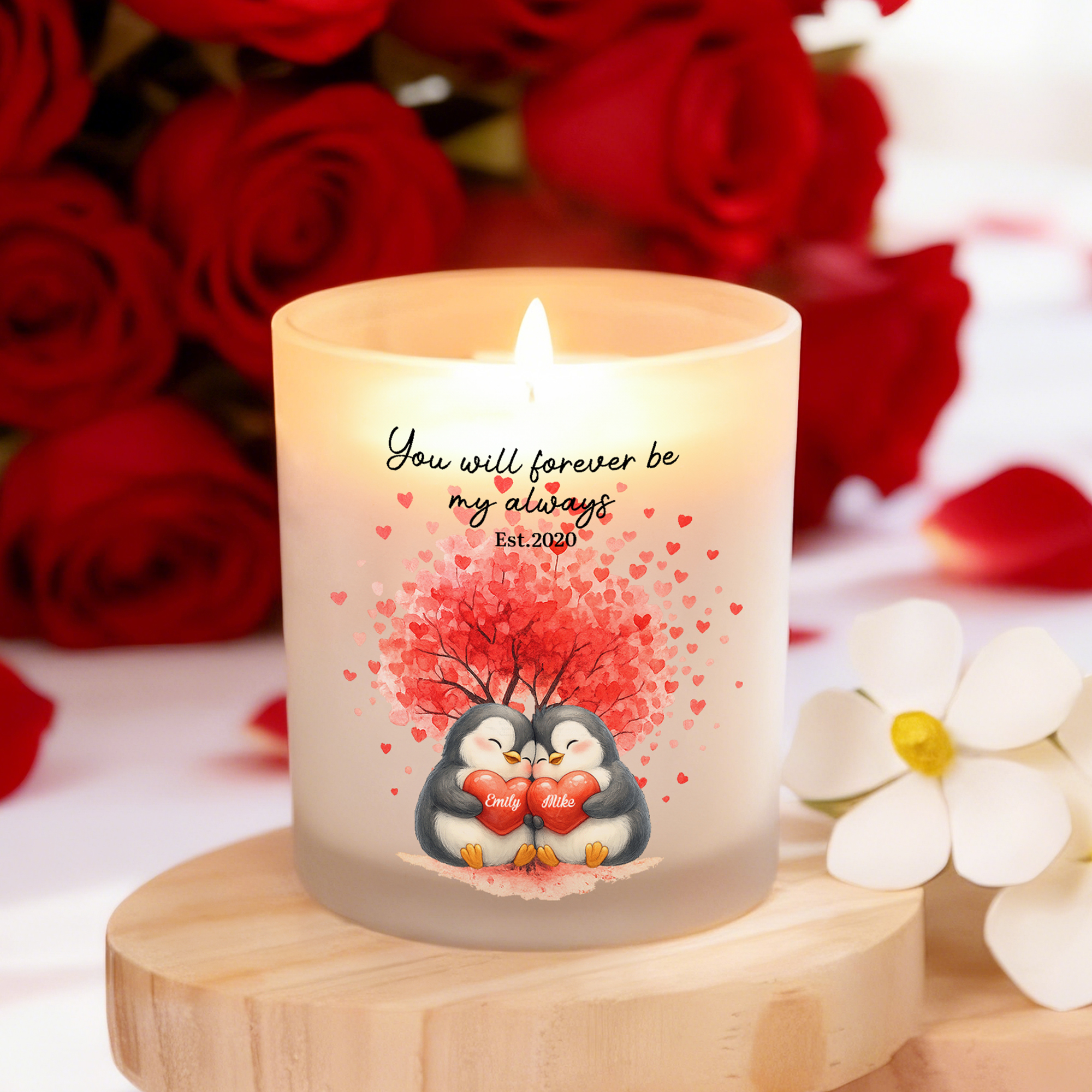 Personalised Cartoon Couple Penguin Heart LED Candle Jar with Title and ...