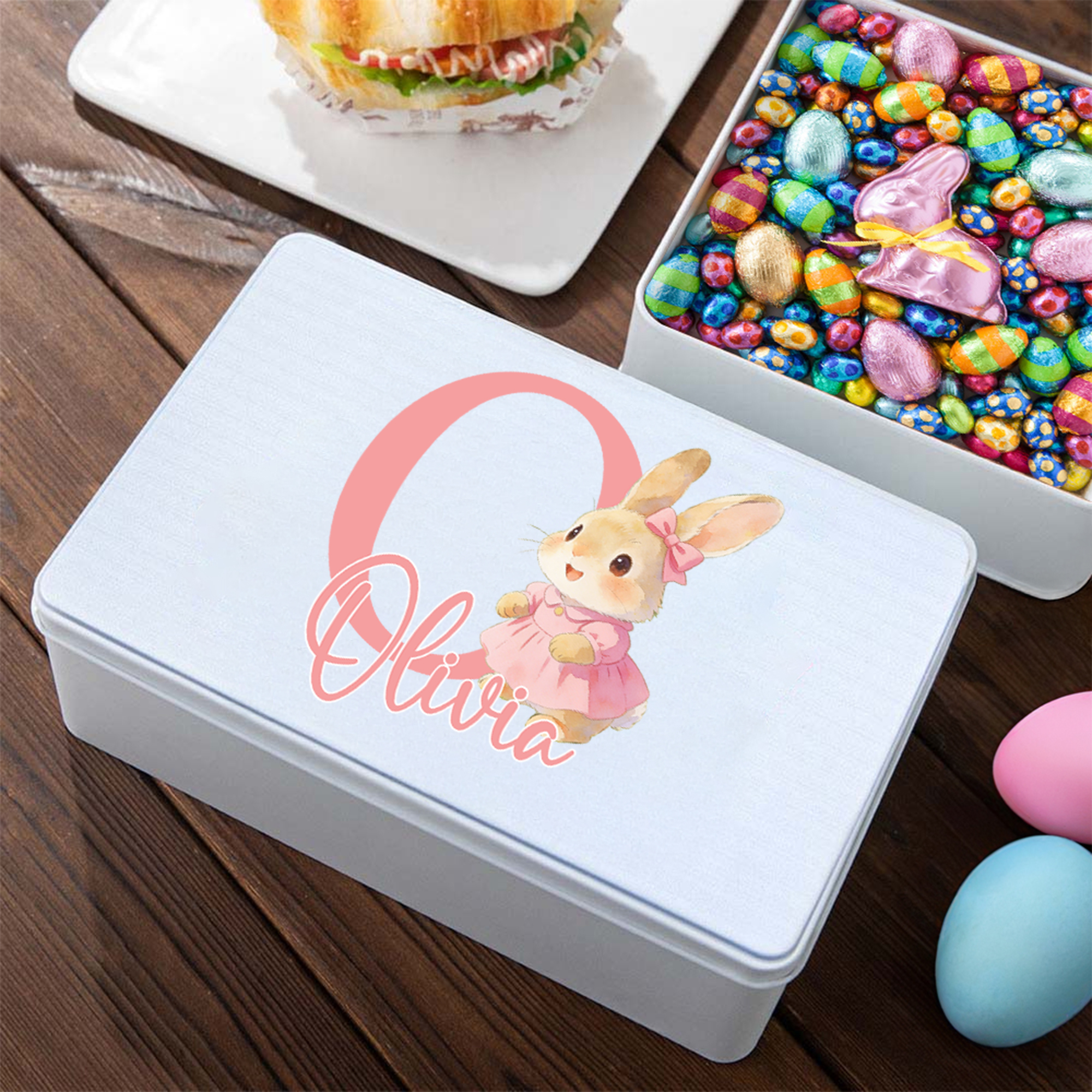 Personalized Cute Cartoon Rabbit Initial Biscuit Tin Storage Box with ...