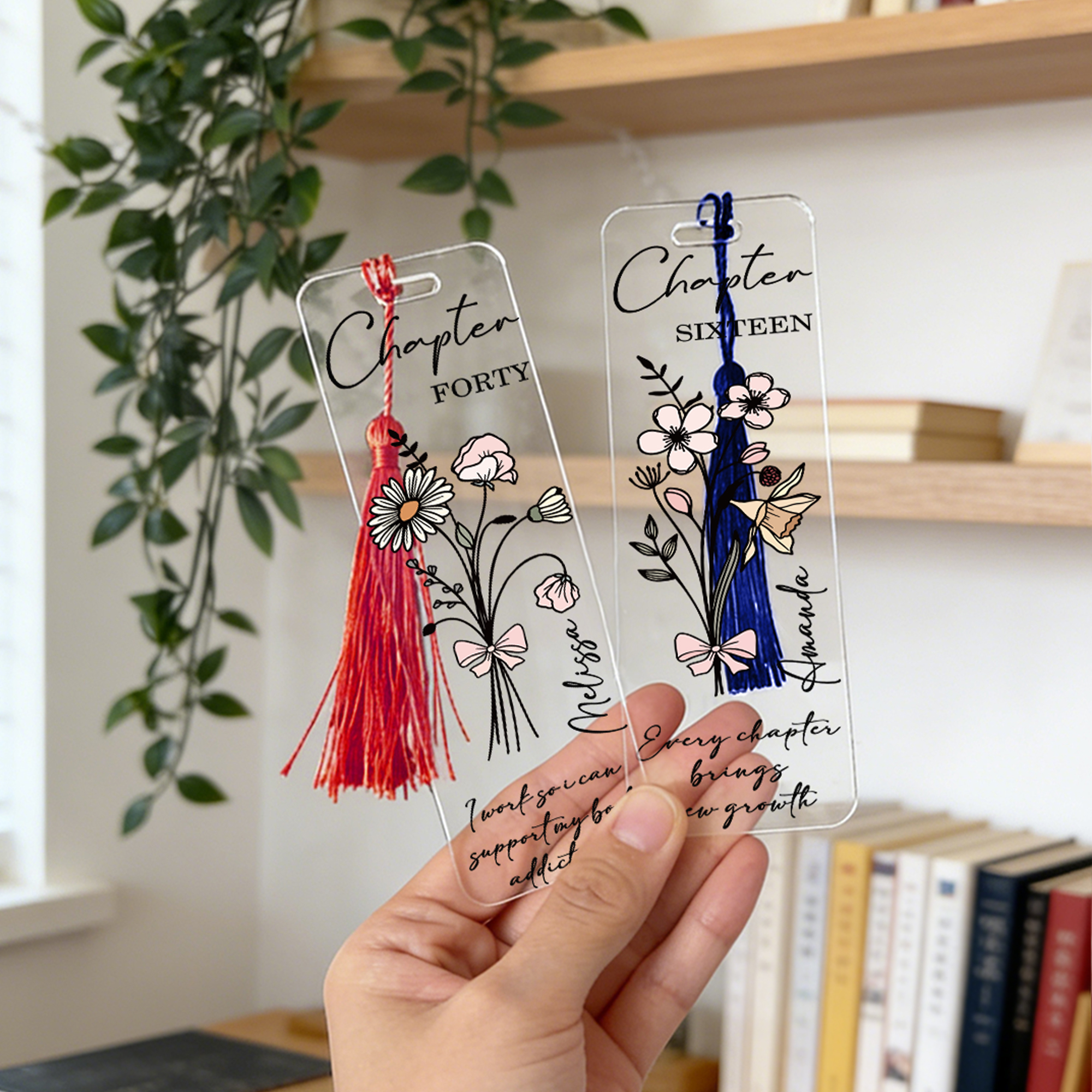 Personalized Pink Bow Birth Flower Bouquet Clear Acrylic Bookmark with ...