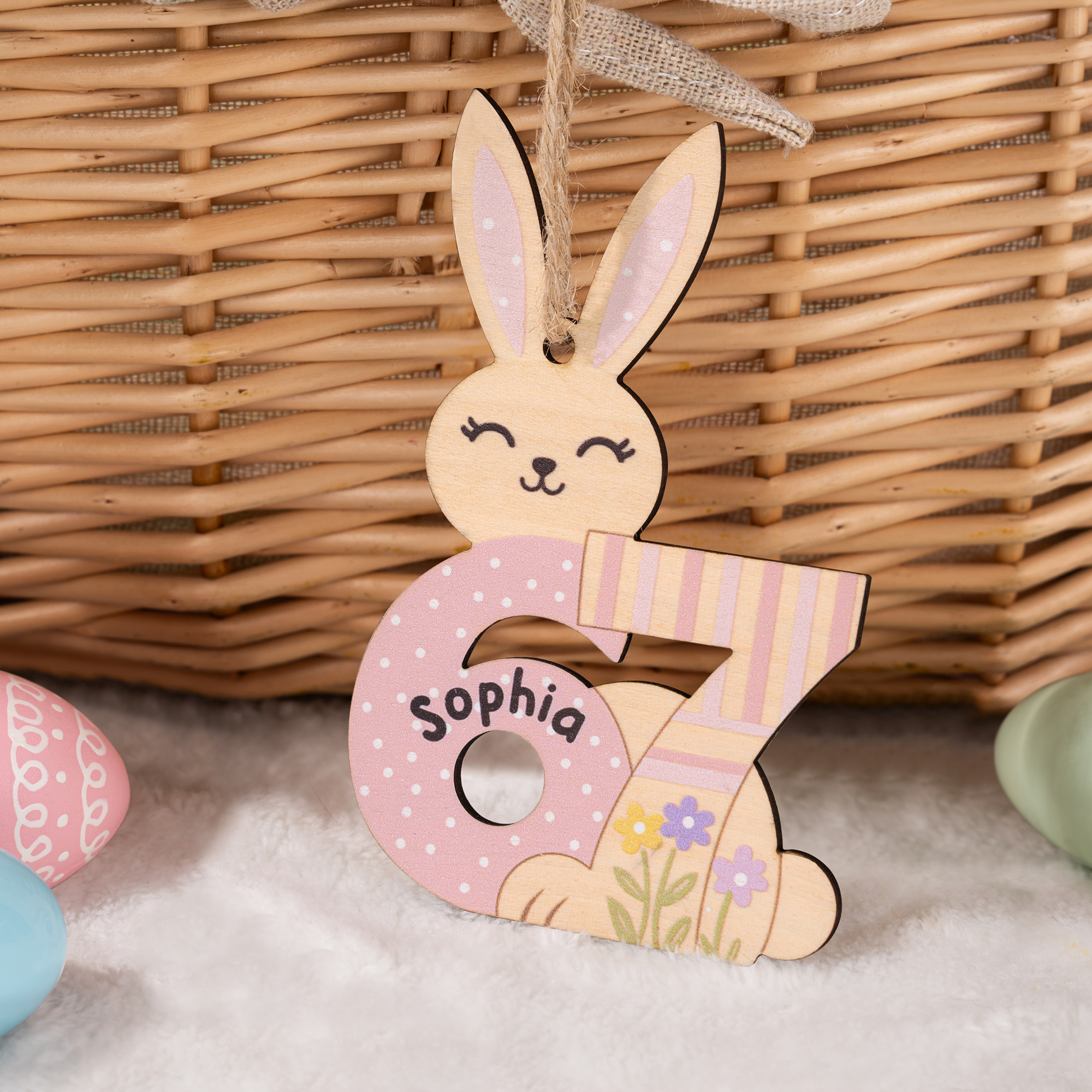 Personalized Cute Bunny Flower Six Seven Wooden Ornament with Name ...