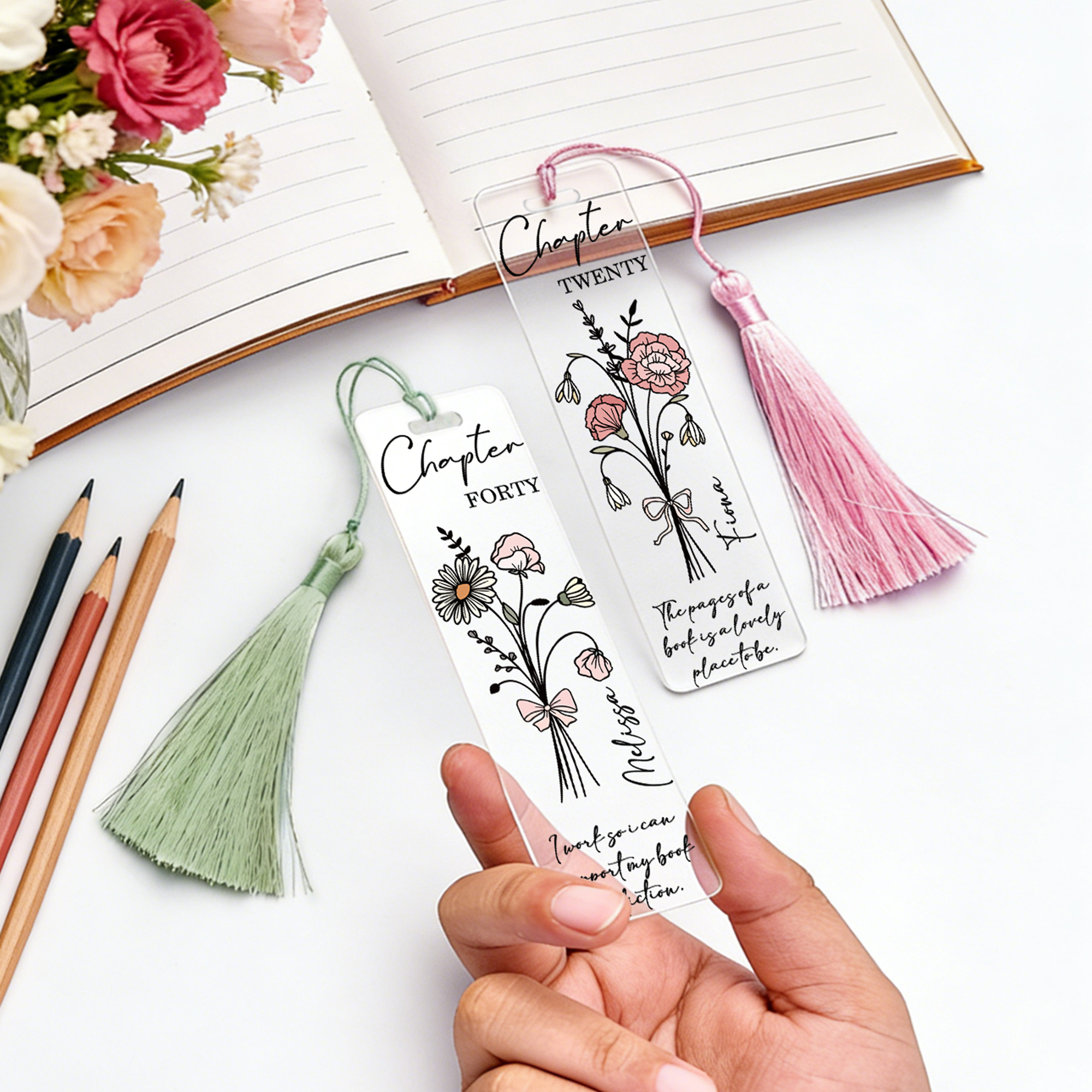 Personalized Pink Bow Birth Flower Bouquet Clear Acrylic Bookmark with ...