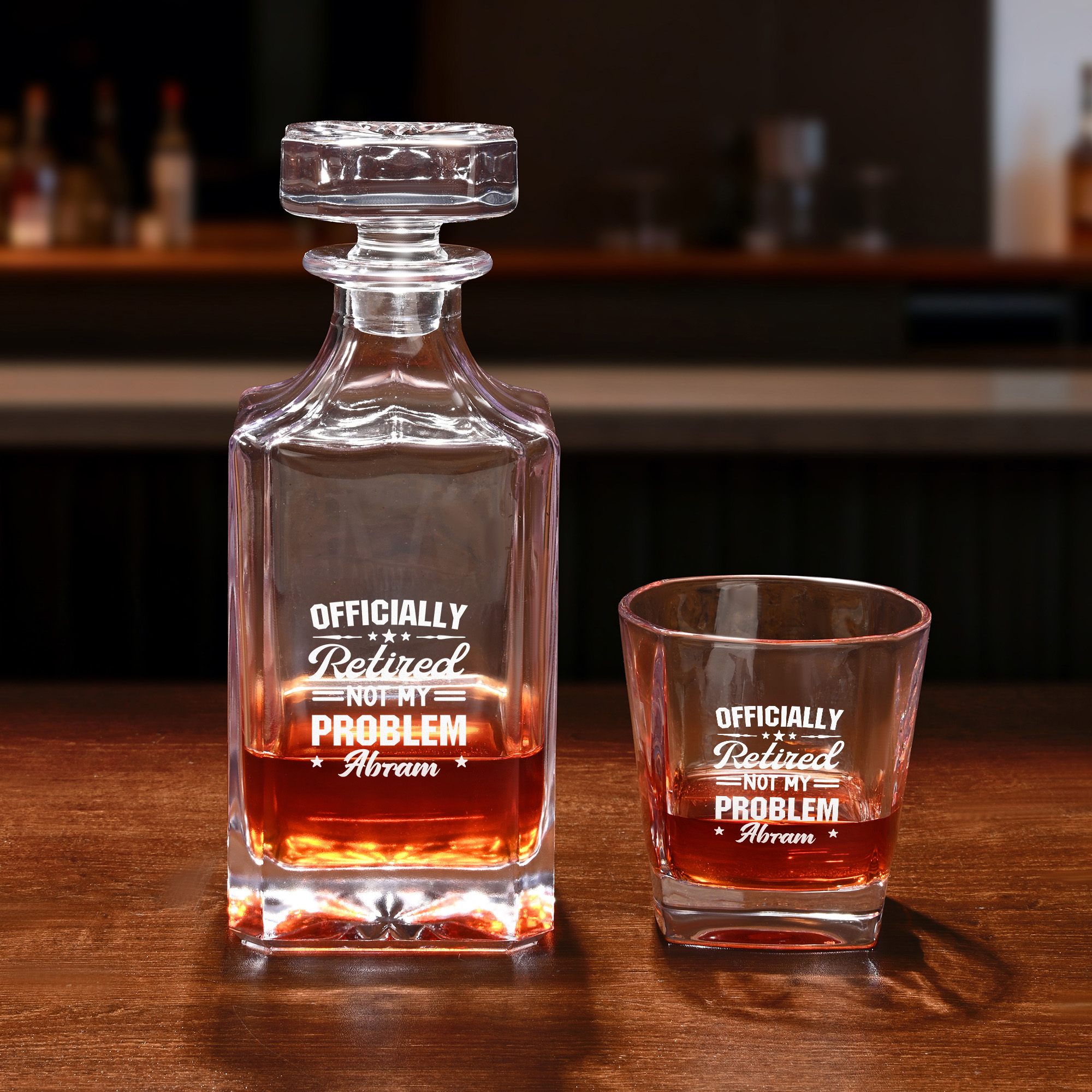 Personalized Officially Retired Not My Problem Whiskey Decanter and 4 ...