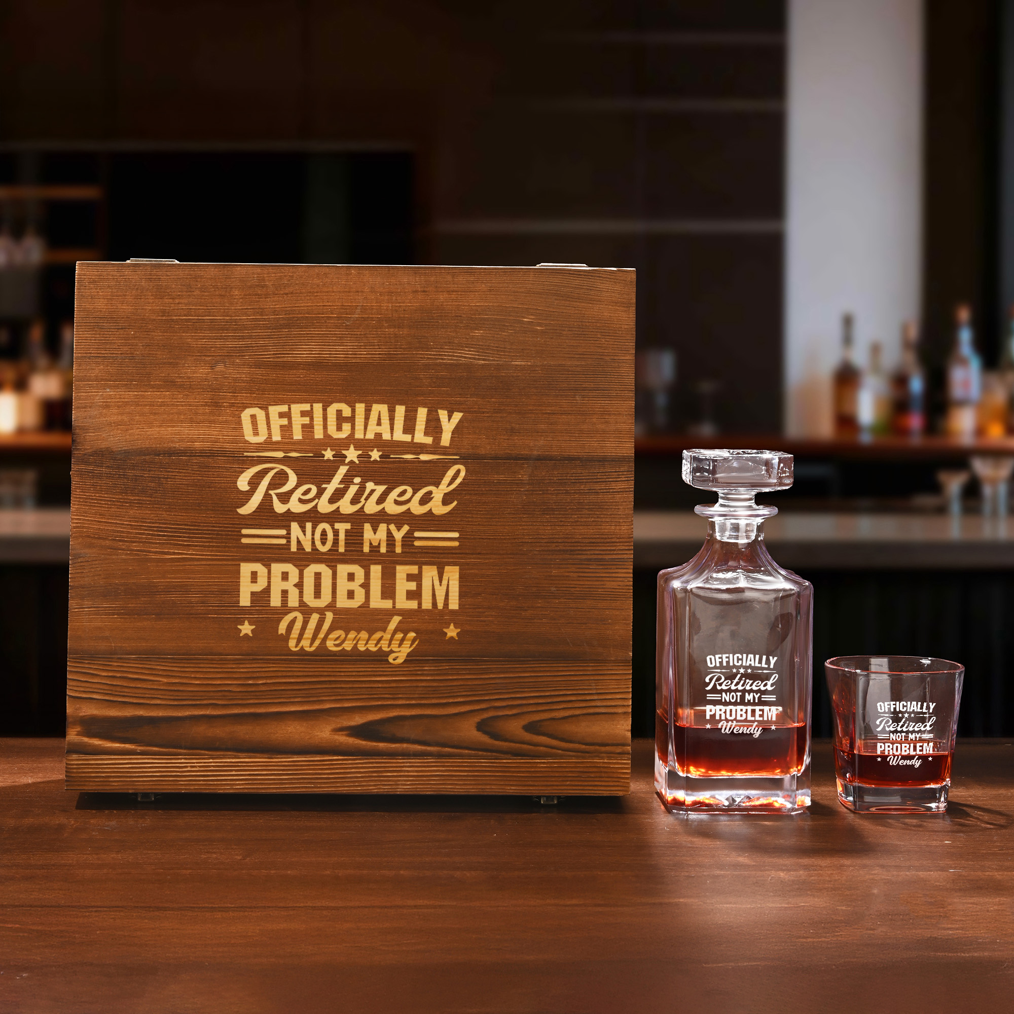 Personalized Officially Retired Not My Problem Whiskey Decanter and 4 ...