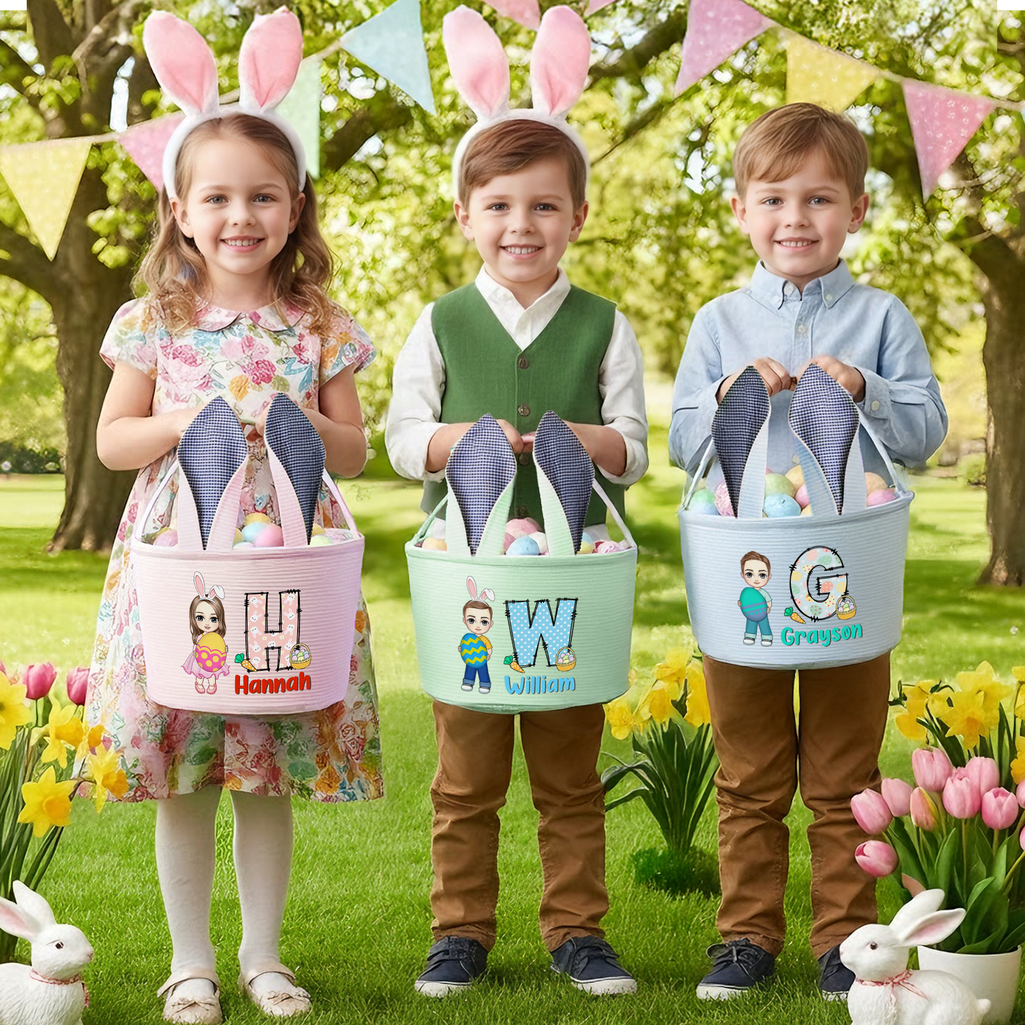 Personalized Easter Egg Cartoon Character Striped Easter Basket with ...