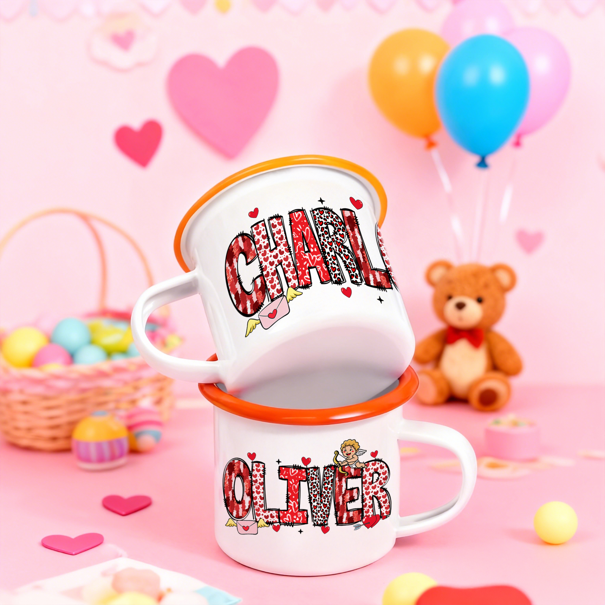 Personalized Romantic Cupid Heart Pattern 12 oz Enamel Mug with Name ...