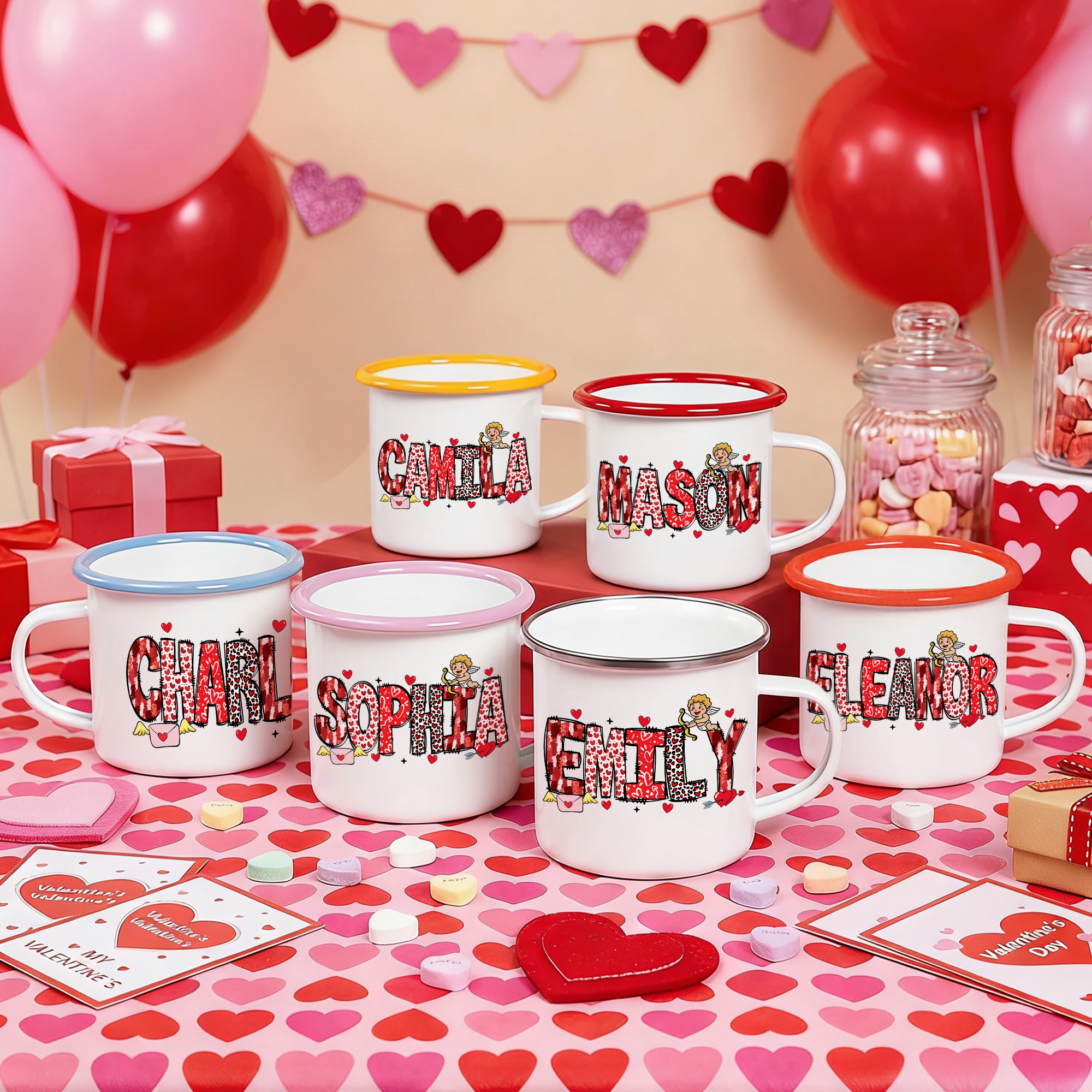 Personalized Romantic Cupid Heart Pattern 12 oz Enamel Mug with Name ...