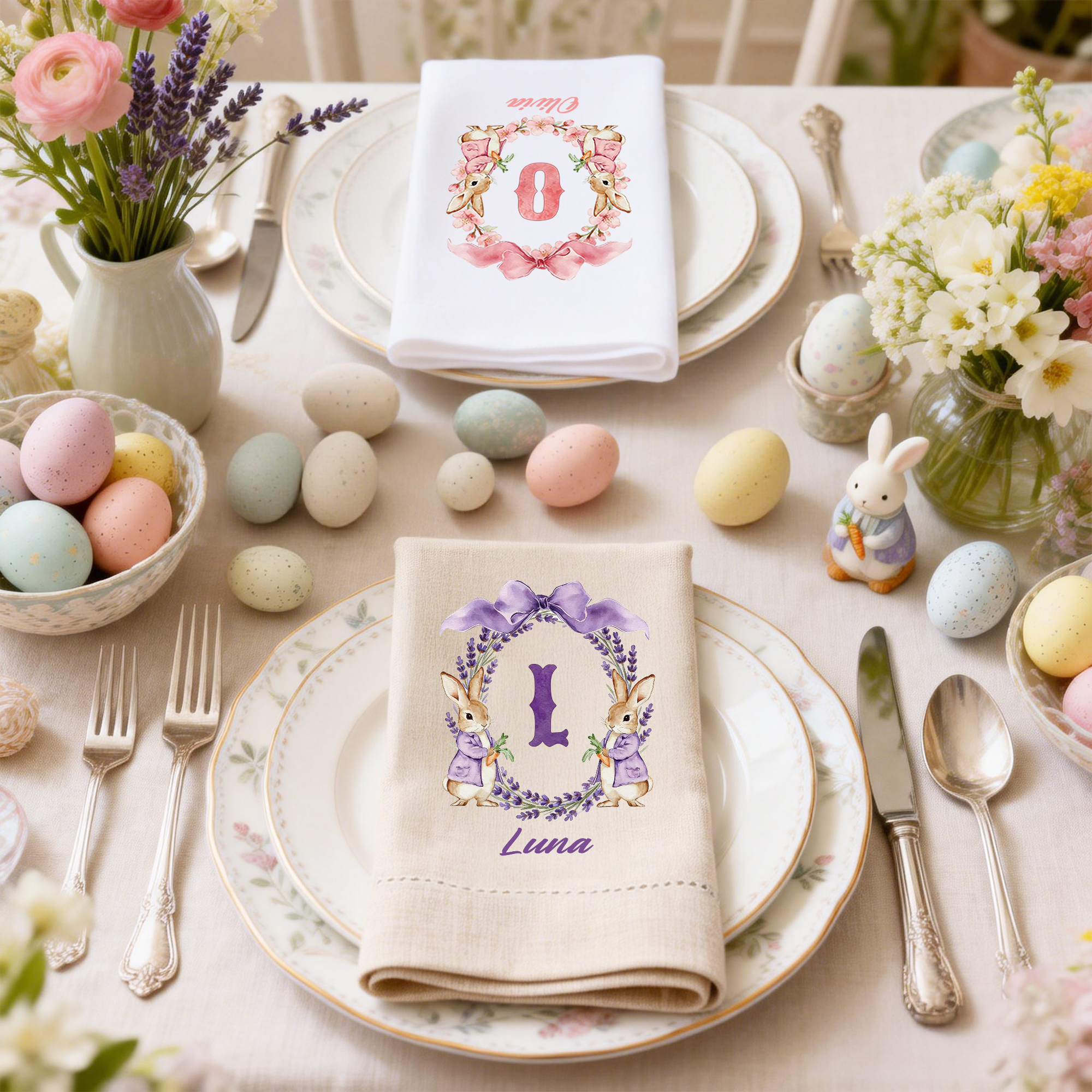 Personalisierte Serviette aus Leinen mit Peter Hase Blumenbogen Namen ...