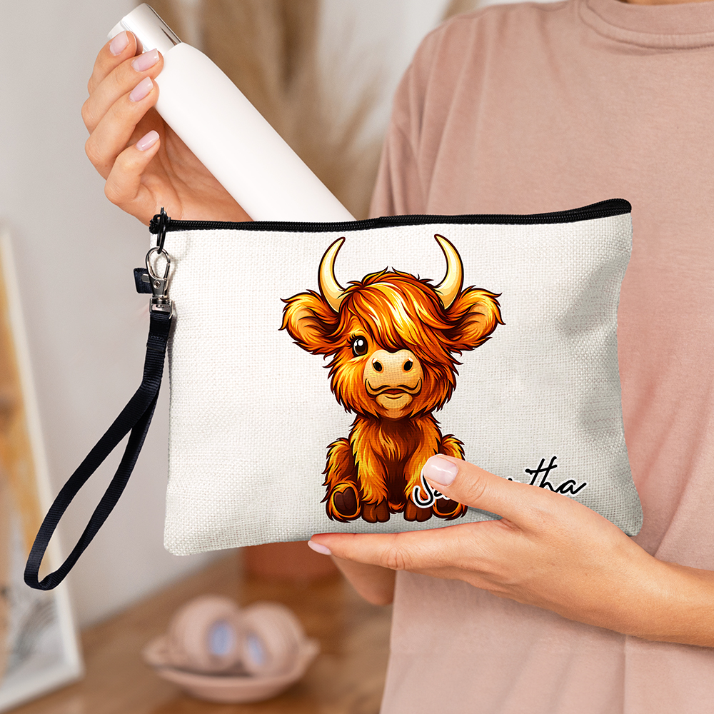 Personalized Cute Highland Cow Linen Makeup Bag with Name and Wrist ...