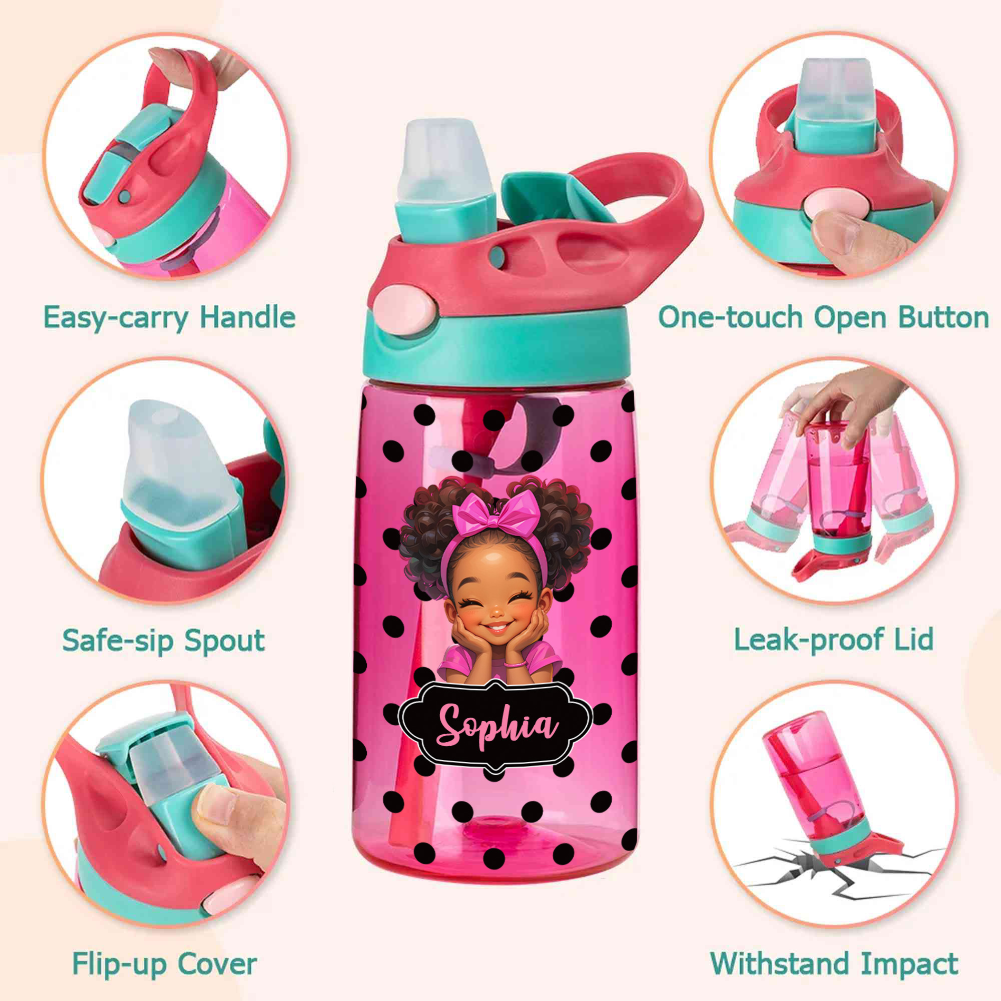 Personnalisé Polka Dot Cute Cartoon Black Girl Name 12 oz 16 oz Water ...