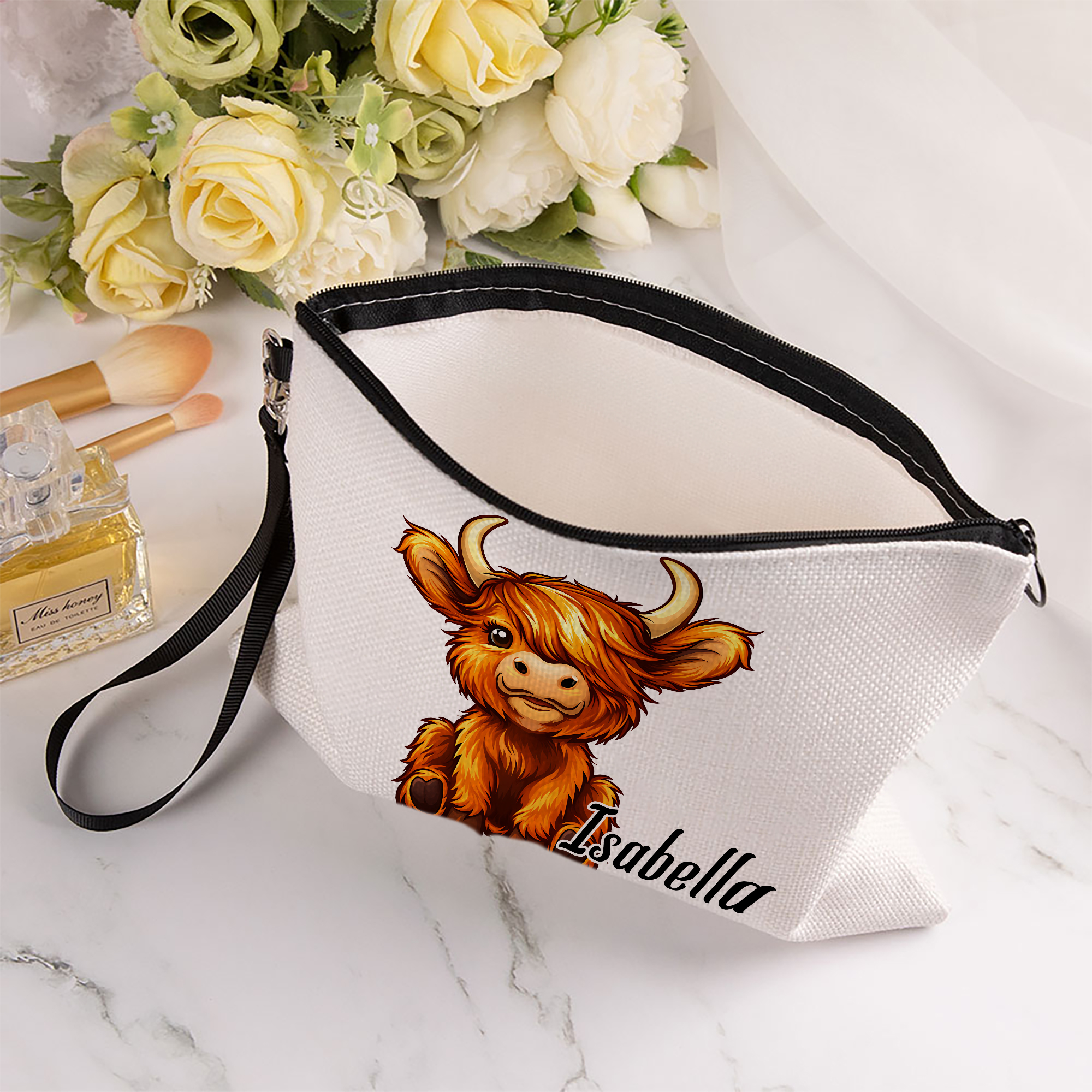 Personalised Cute Highland Cow Linen Makeup Bag with Name and Wrist ...