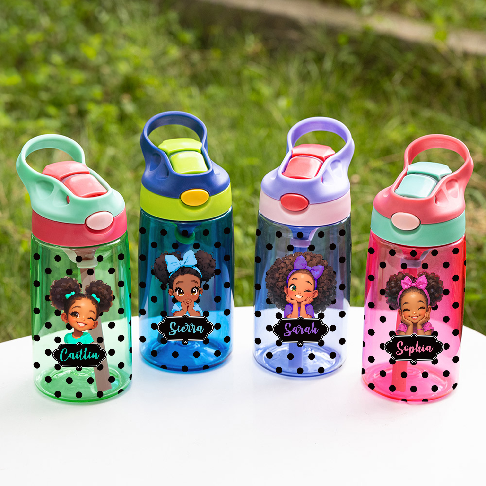 Personnalisé Polka Dot Cute Cartoon Black Girl Name 12 oz 16 oz Water ...