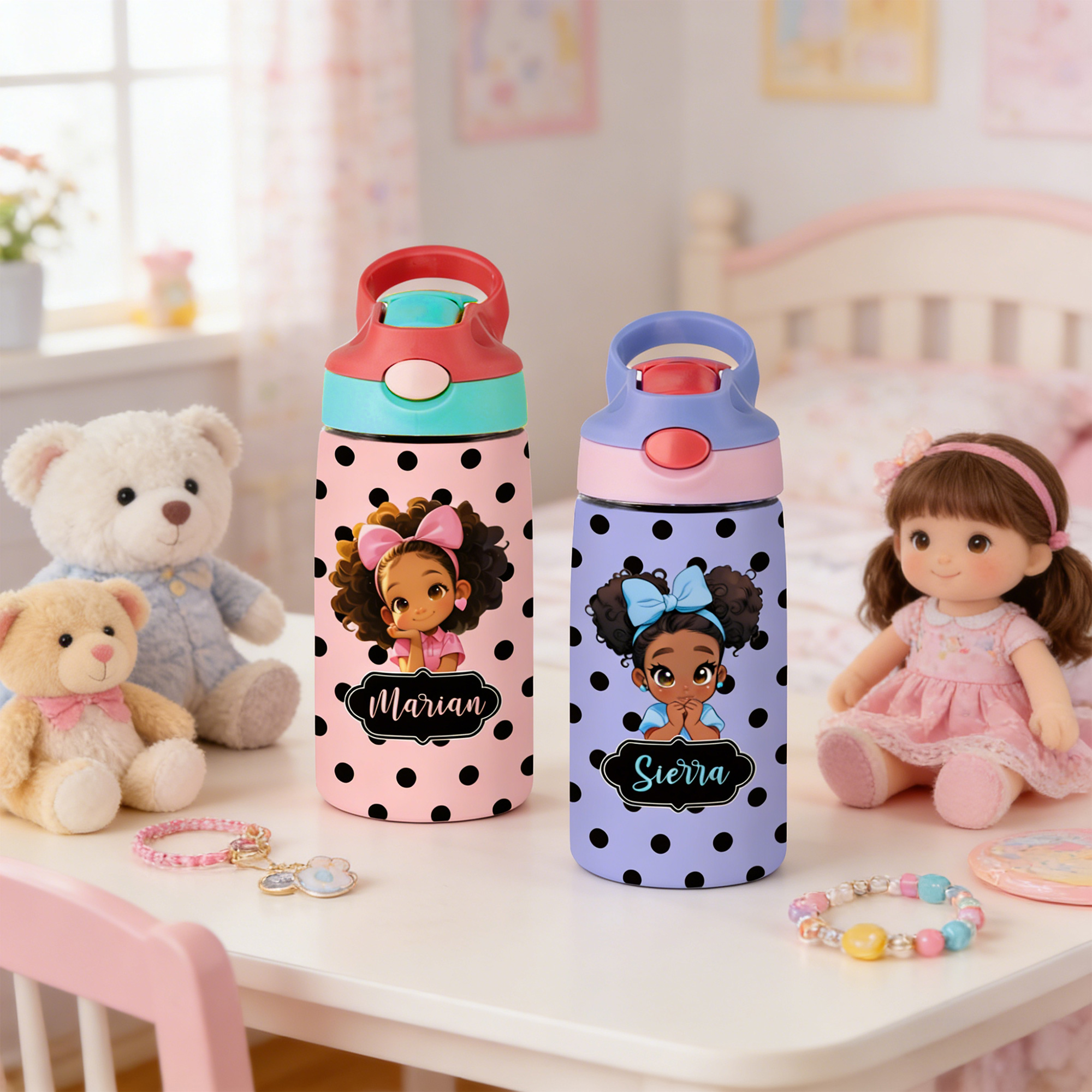 Personnalisé Polka Dot Cute Cartoon Black Girl Name 12 oz 16 oz Water ...