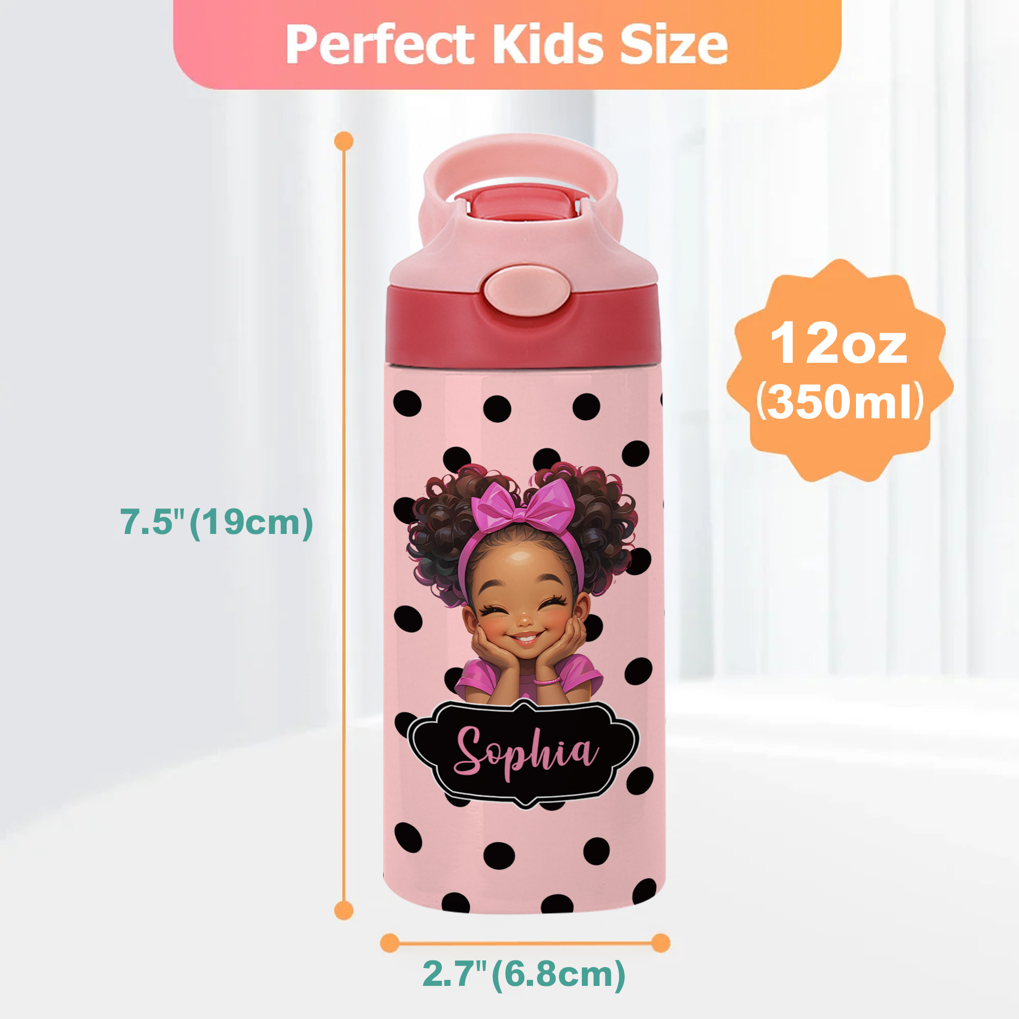 Personnalisé Polka Dot Cute Cartoon Black Girl Name 12 oz 16 oz Water ...