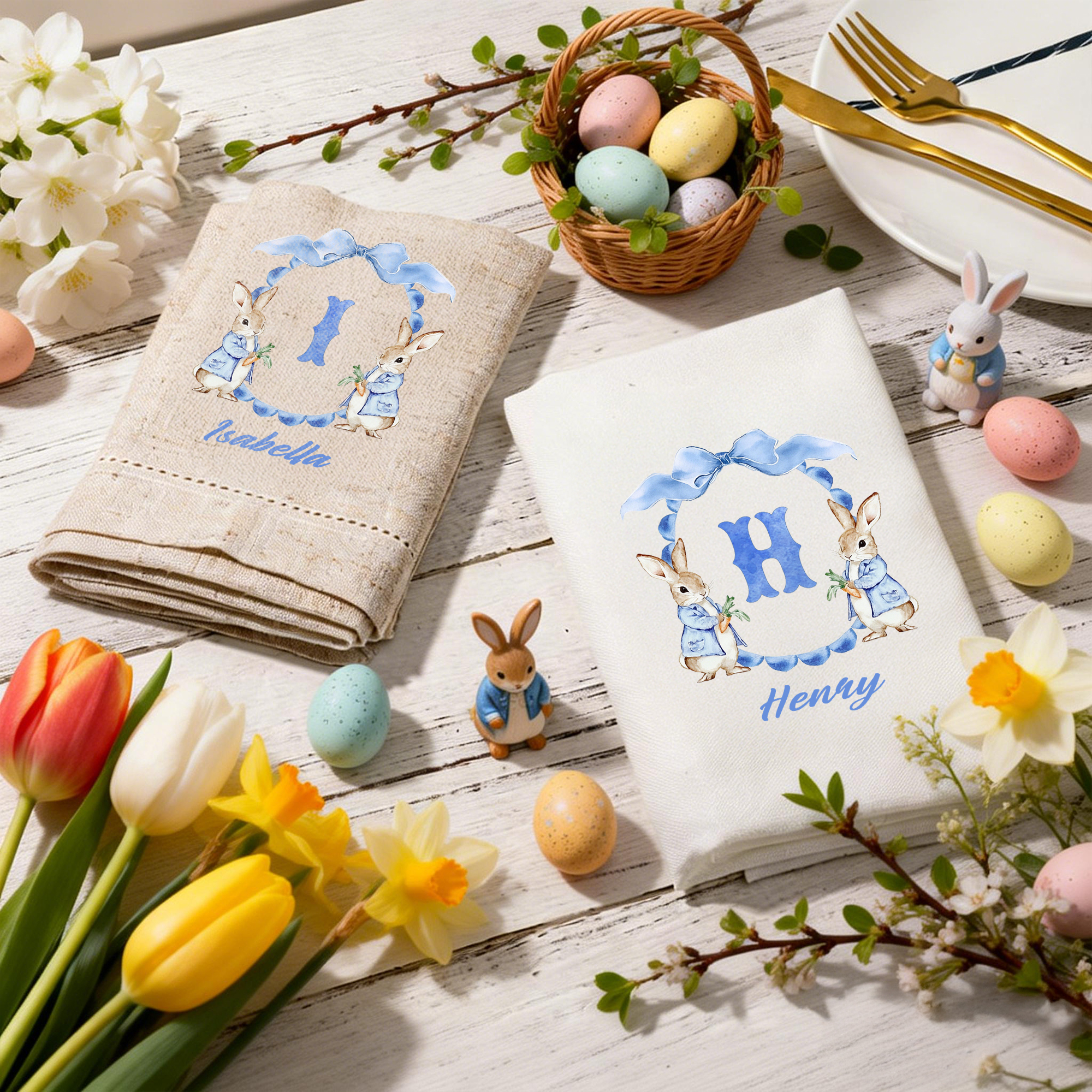 Personalisierte Serviette aus Leinen mit Peter Hase Blumenbogen Namen ...