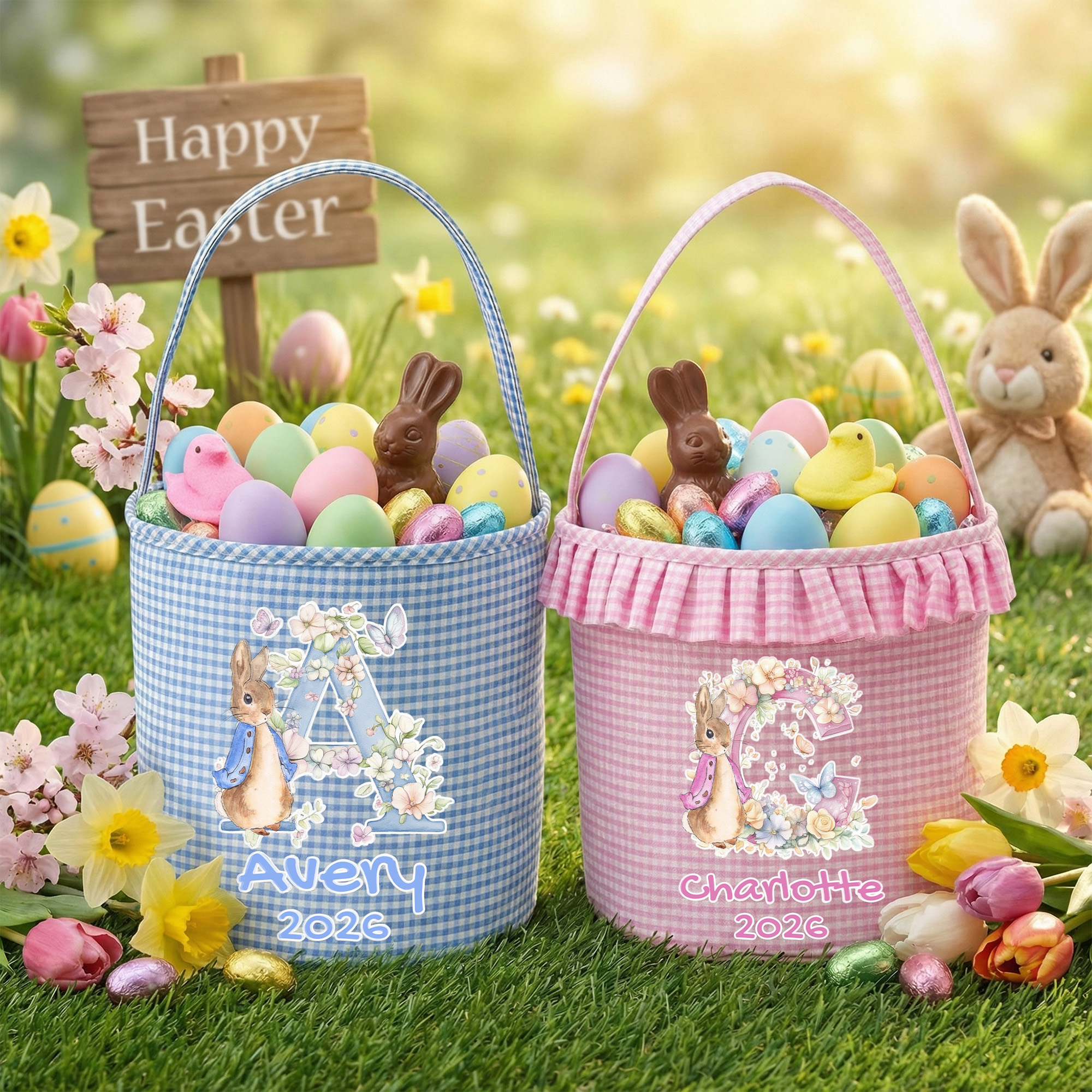 Personalisierte niedliche Hase Blume Initial Plaid Osterkorb mit Namen ...