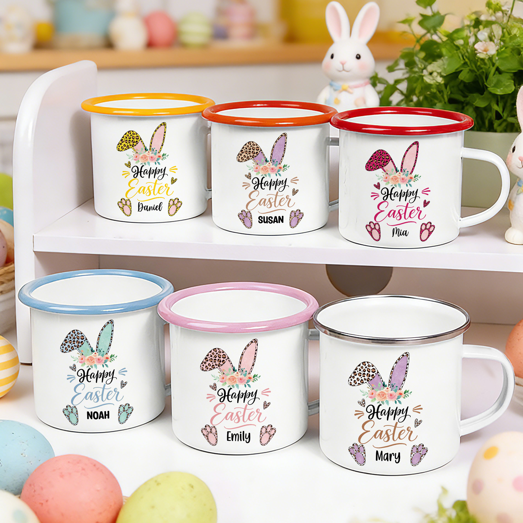 Personalized Leopard Print Flower Bunny 12 oz Enamel Mug with Name ...