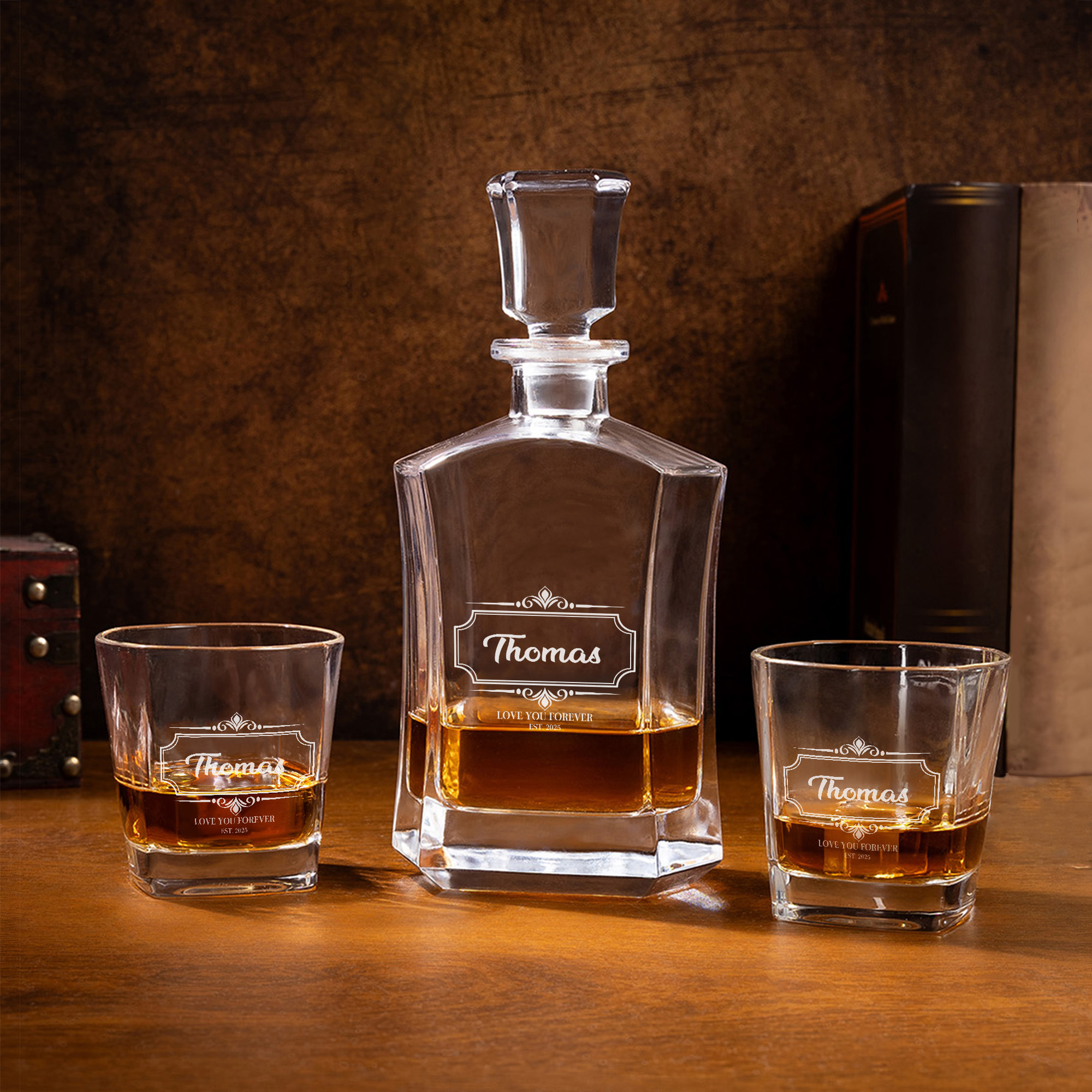 Personalized Engraved Vintage Border Text Whiskey Decanter 2 Glasses ...
