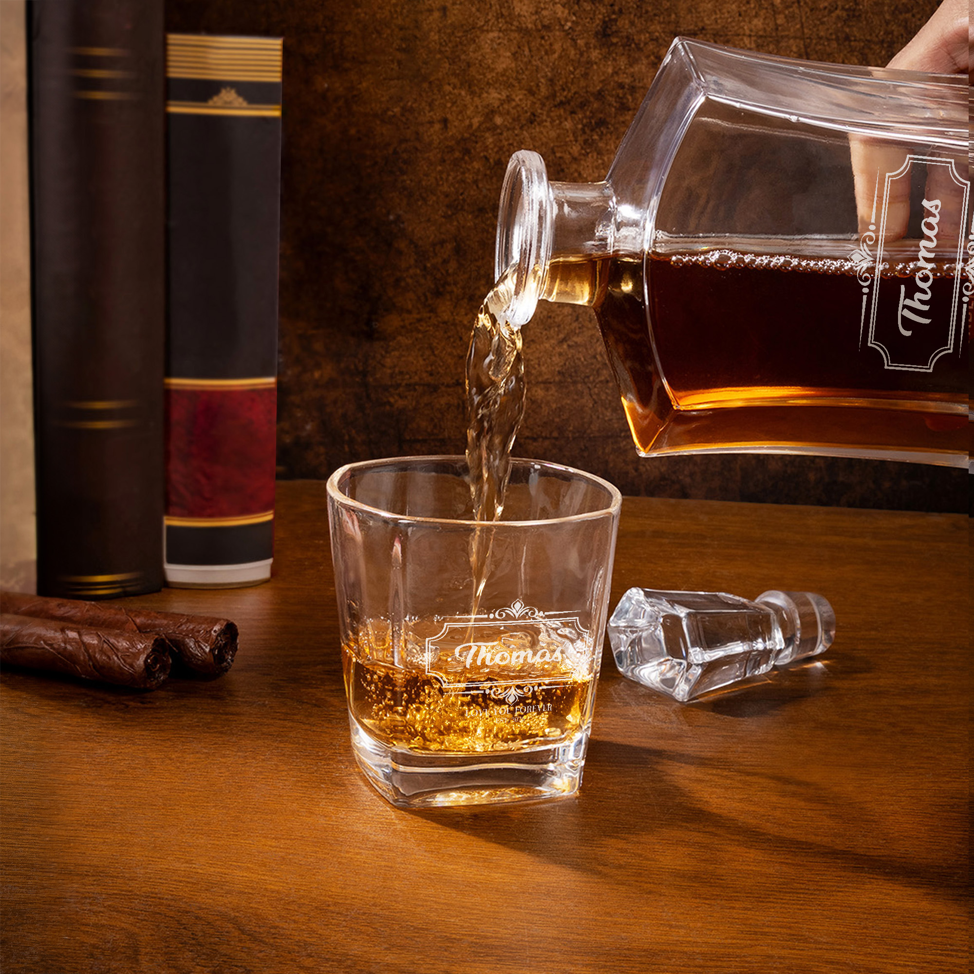 Personalized Engraved Vintage Border Text Whiskey Decanter 2 Glasses ...
