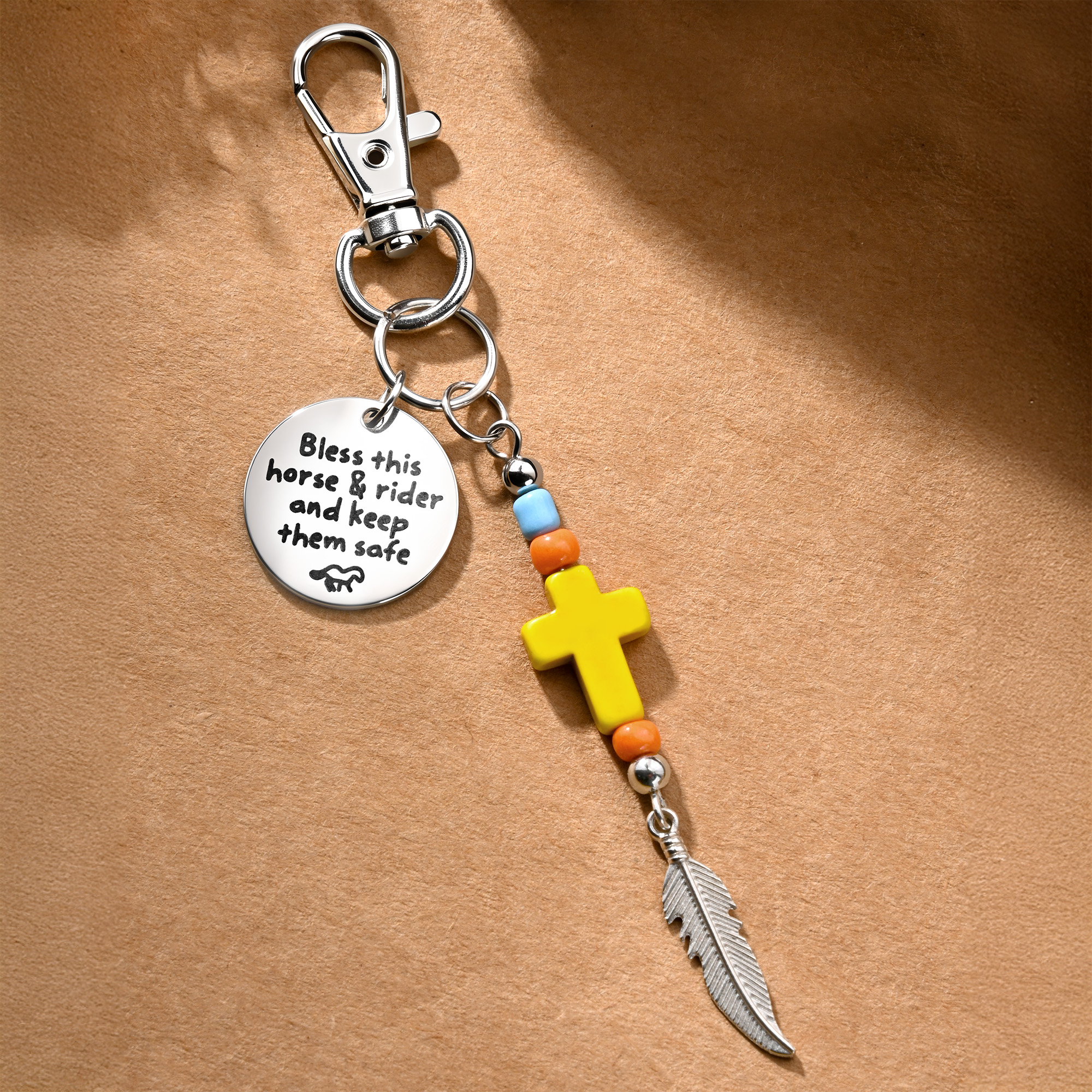 Personalised Natural Stone Cross Saddle Charm with Name and Feather ...