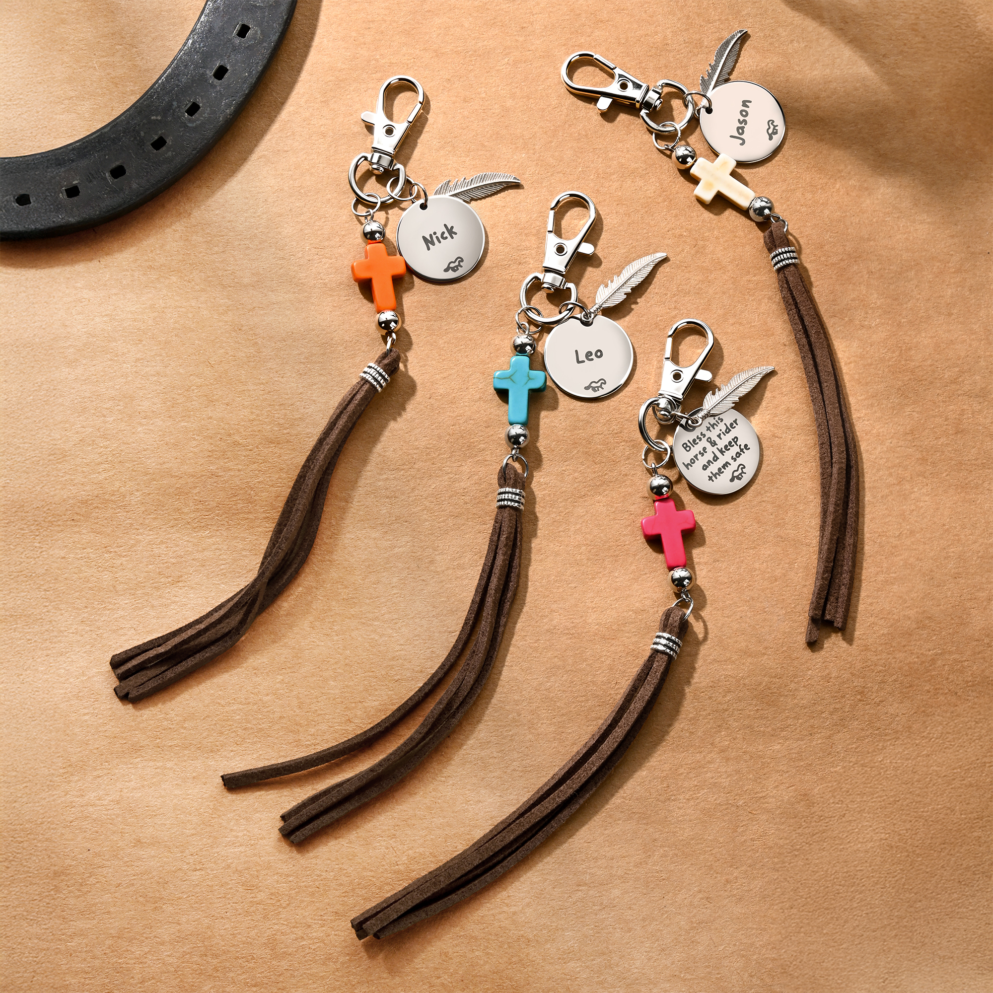 Personalised Natural Stone Cross Saddle Charm with Name and Feather ...