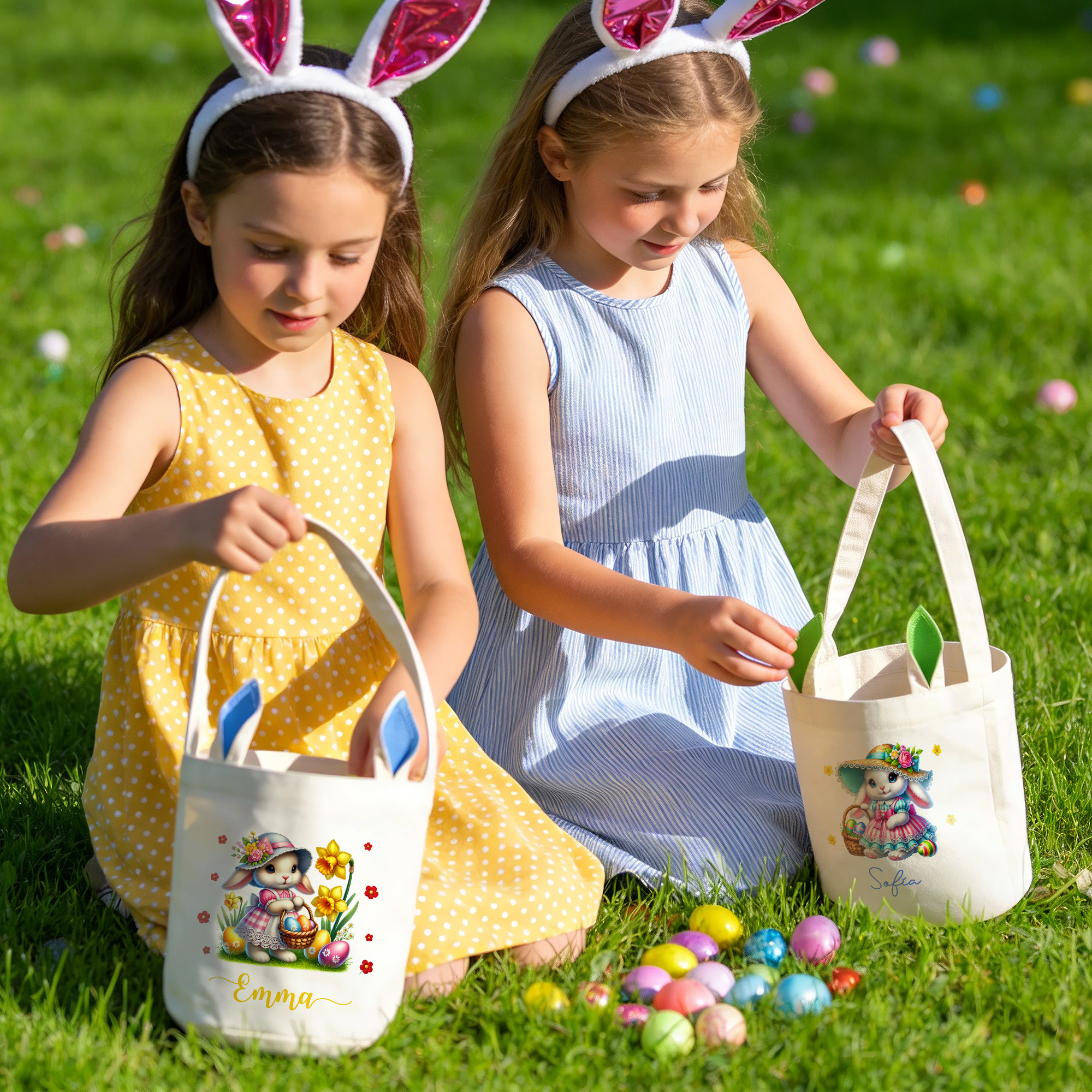 Personalised Cute Flower Bunny Easter Basket with Name and Bunny Ears ...