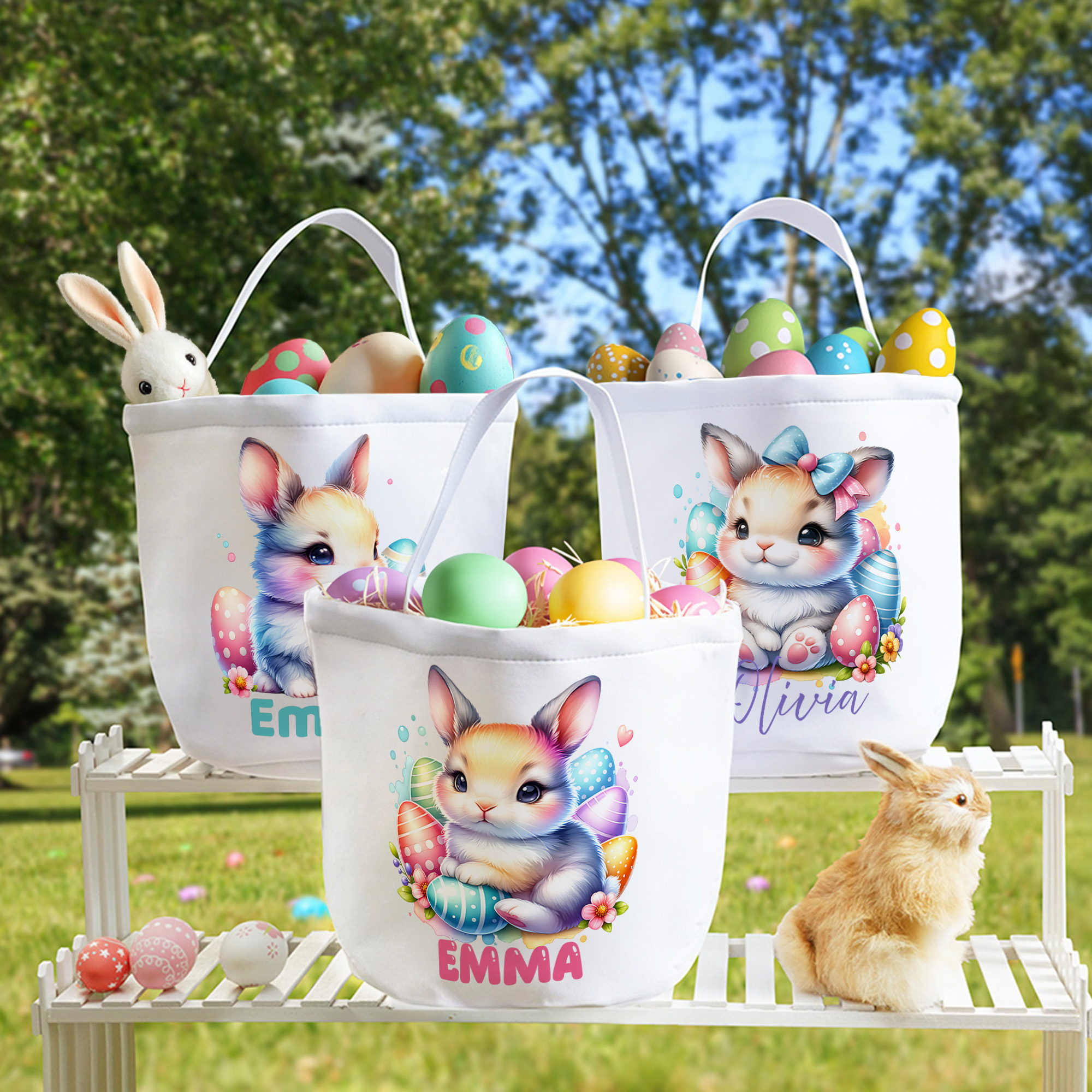 Personalised Cute Bunny Large Capacity Easter Bucket Basket with Name ...