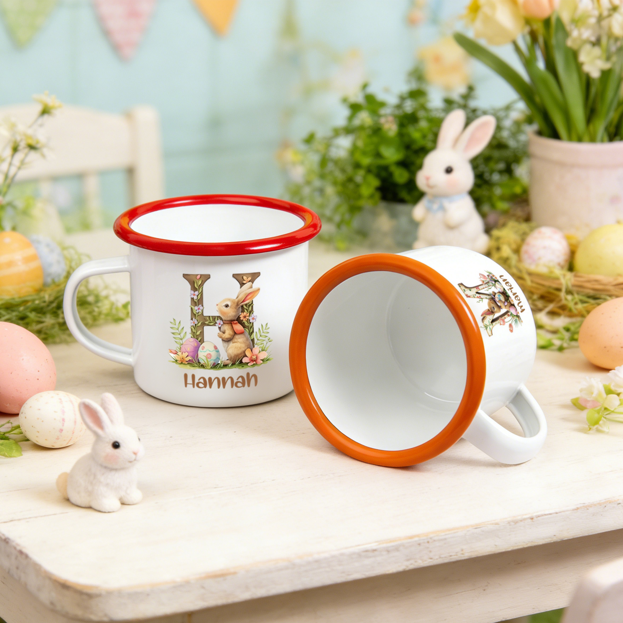 Personalised Cute Easter Egg Bunny Flower 12 oz Enamel Mug with Initial ...