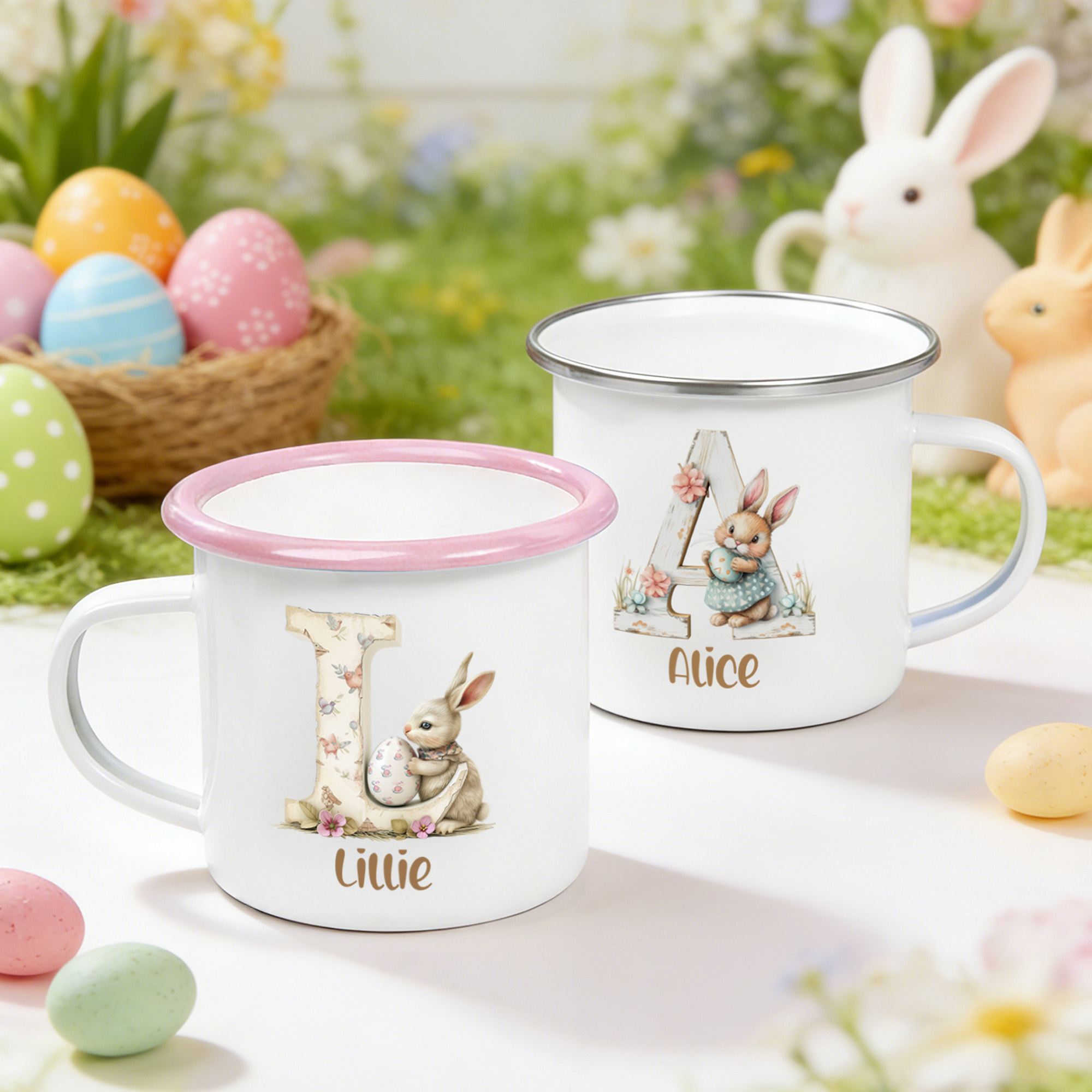 Personalised Cute Easter Egg Bunny Flower 12 oz Enamel Mug with Initial ...