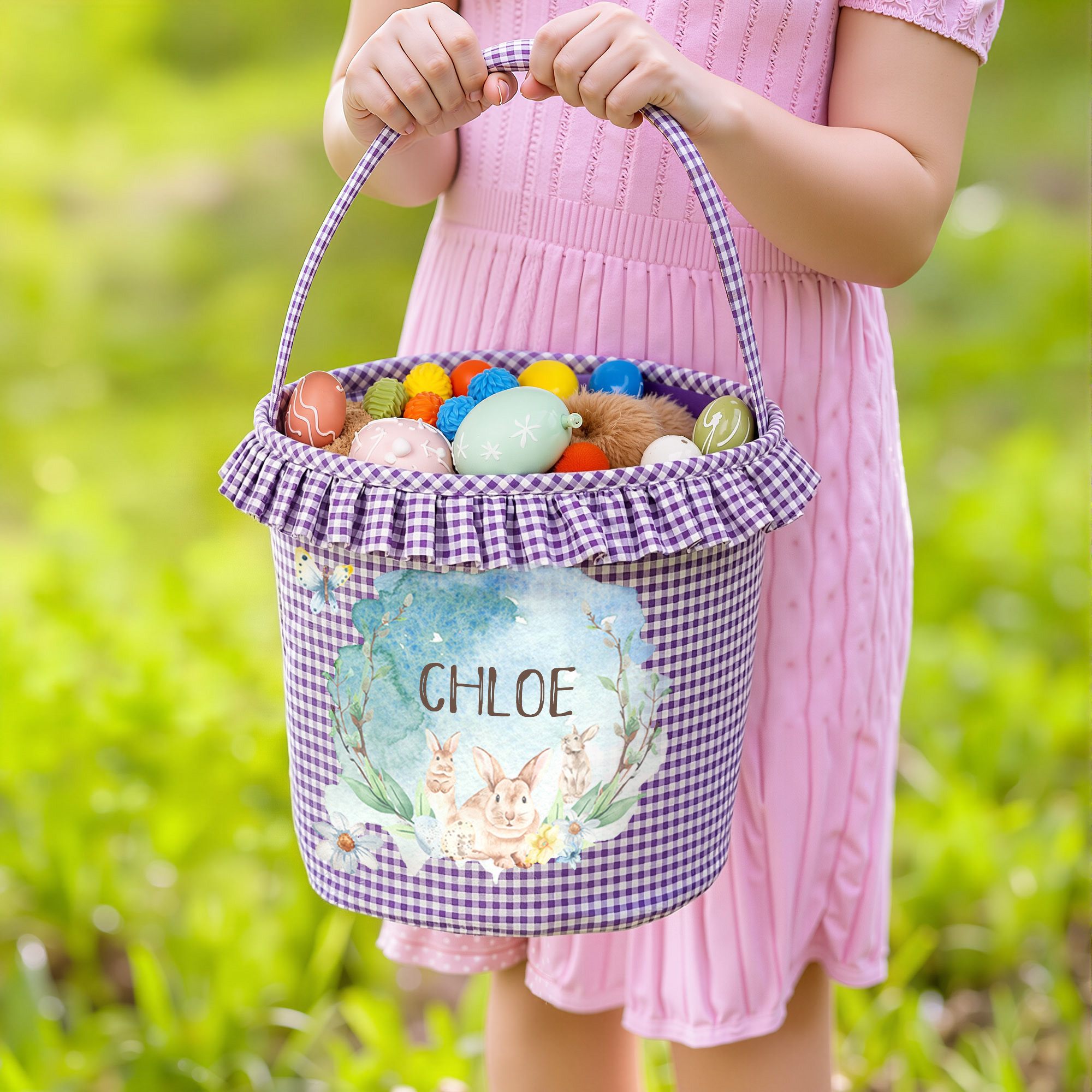 Personalized Cute Flower Rabbit Butterfly Plaid Easter Basket with Name ...