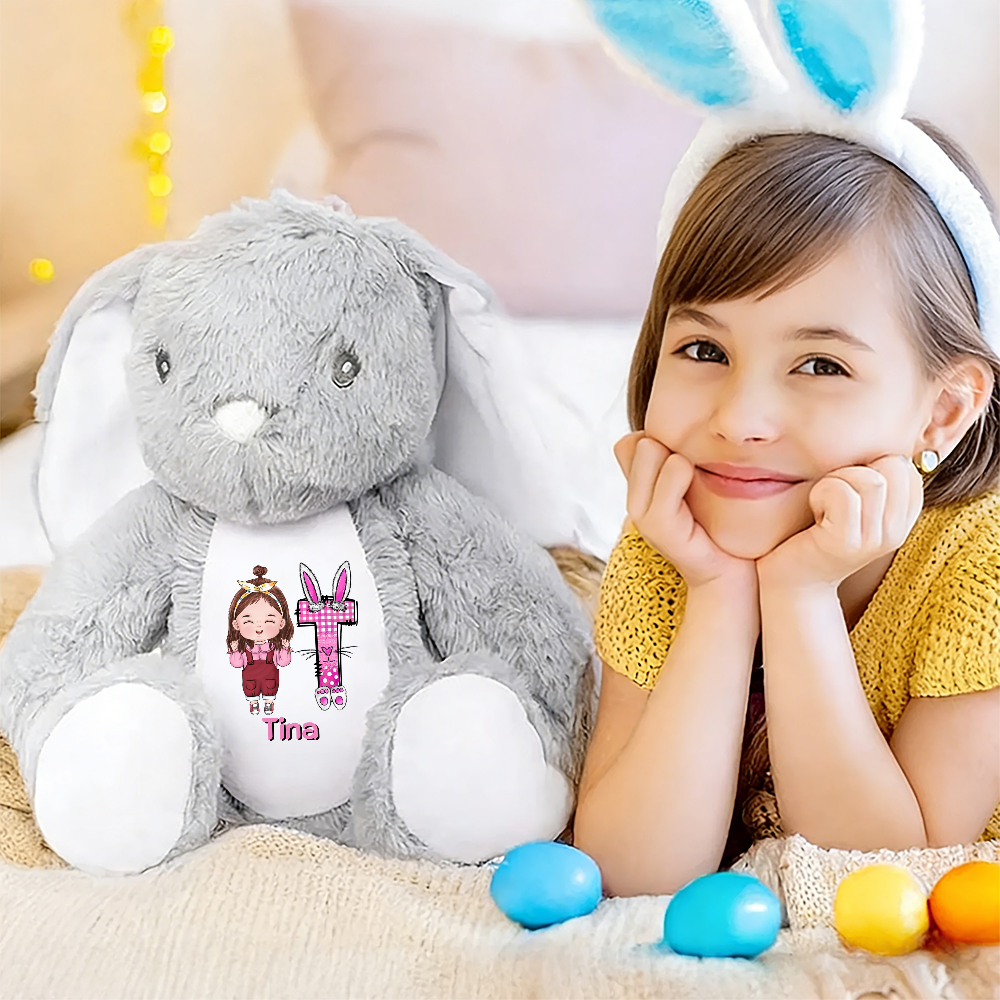 Personalised Cute Cartoon Design Plush Easter Bunny Stuffed Toy with ...
