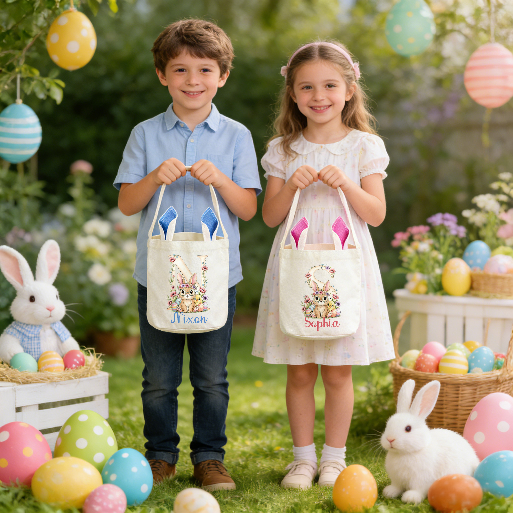 Personalised Flower Cute Bunny Ears Rabbit Easter Basket with Name and ...