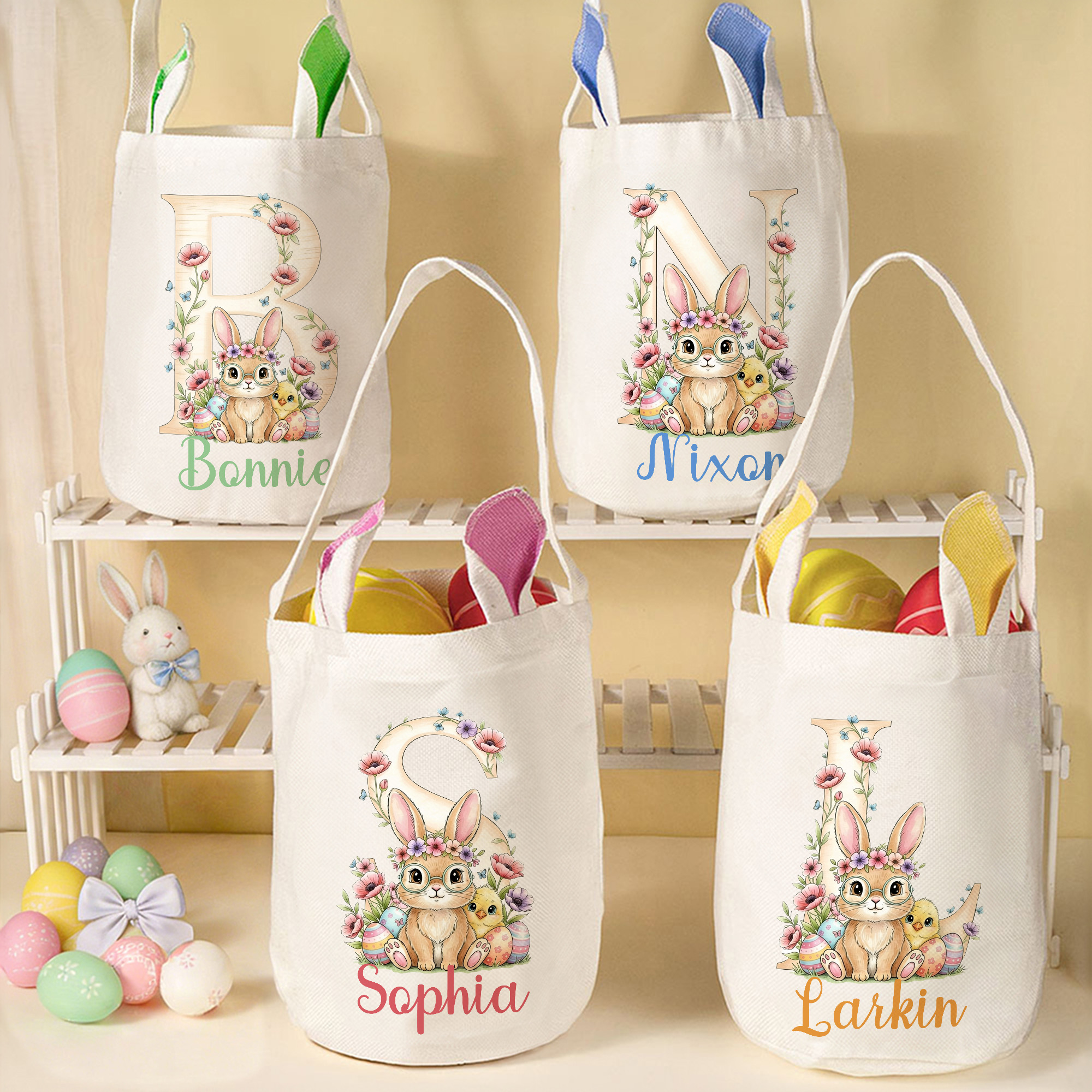 Personalised Flower Cute Bunny Ears Rabbit Easter Basket with Name and ...