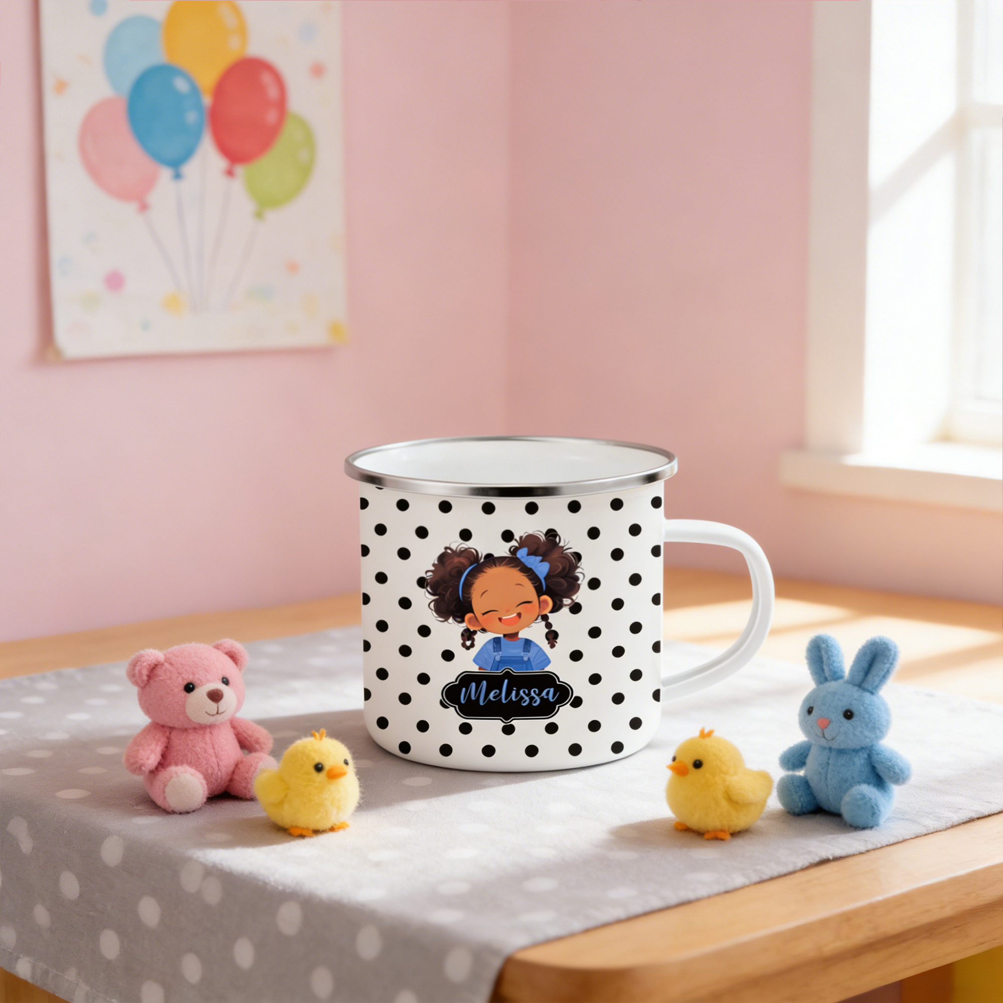 Personalised Cute Cartoon Black Girl 12 oz Enamel Mug with Name ...