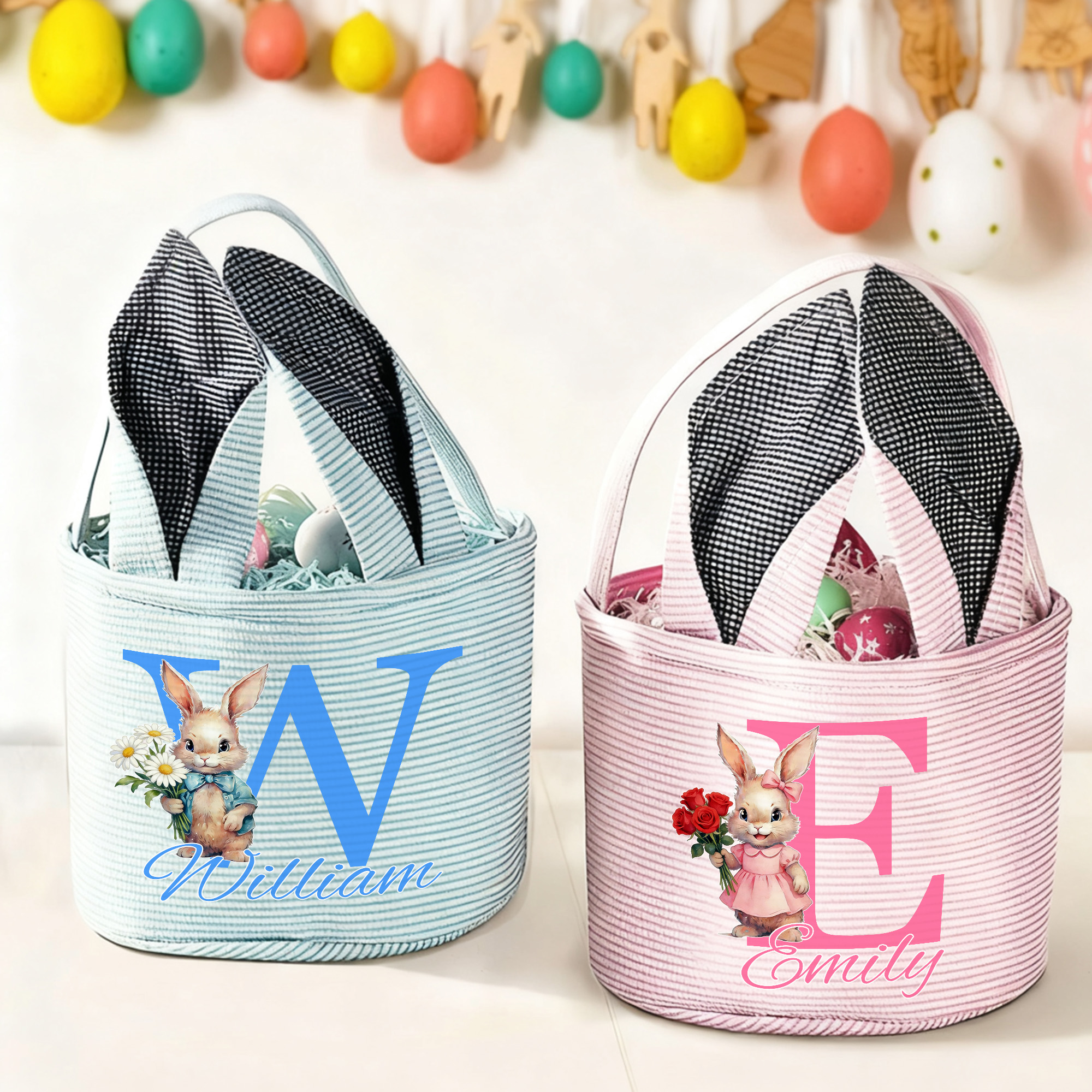 Personalised Cute Peter Rabbit Birth Flower Easter Basket with Name and ...