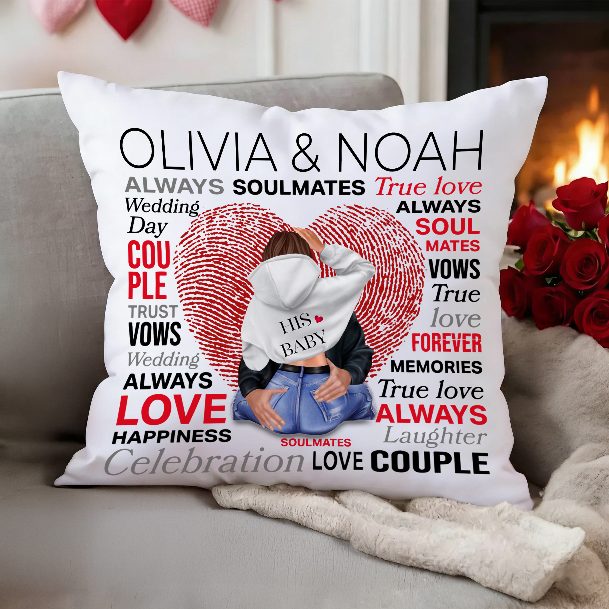 Personalized Love Fingerprint Hugging Cartoon Character Pillow with ...