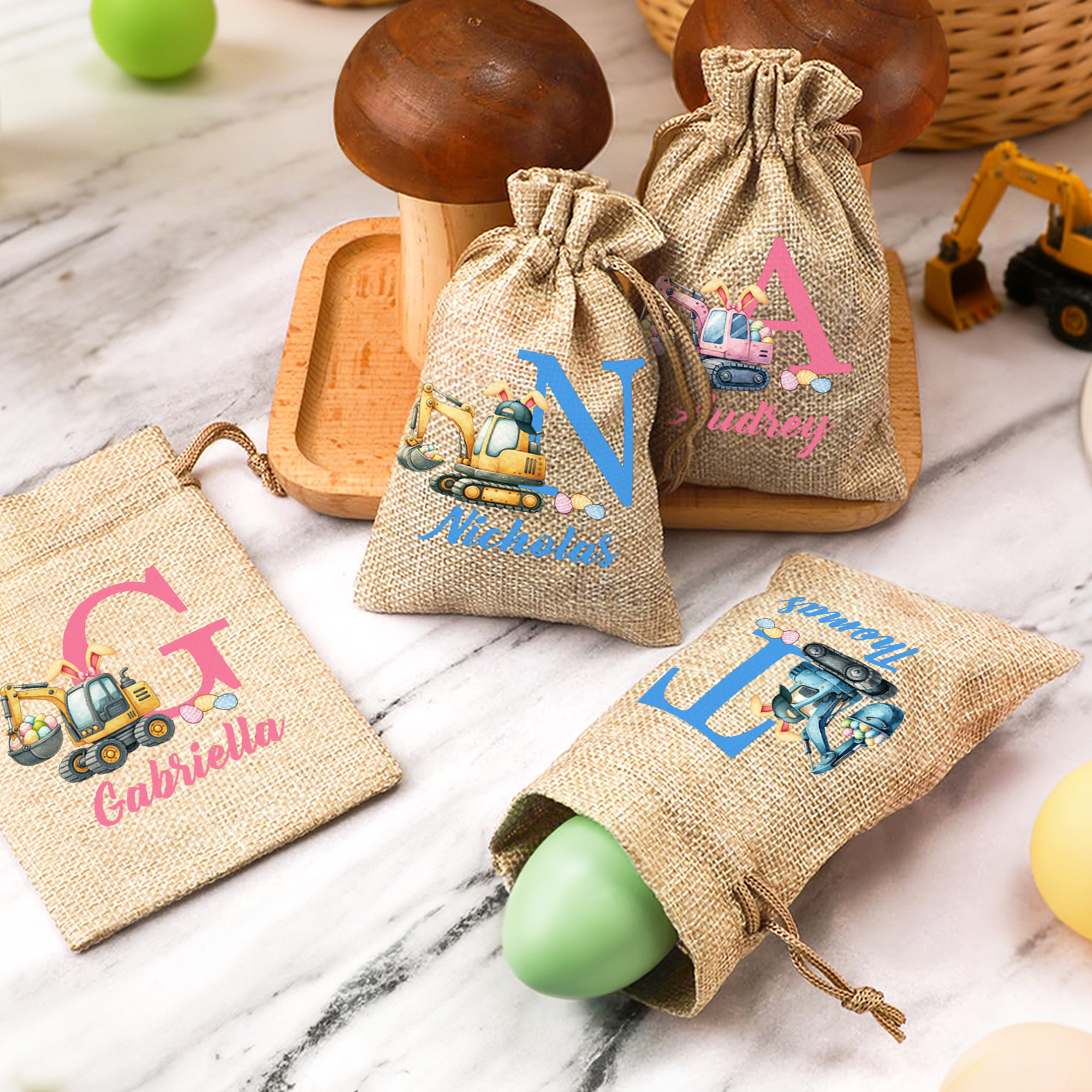 Personalized Cute Bunny Ears Excavator Initial Drawstring Candy Gift ...