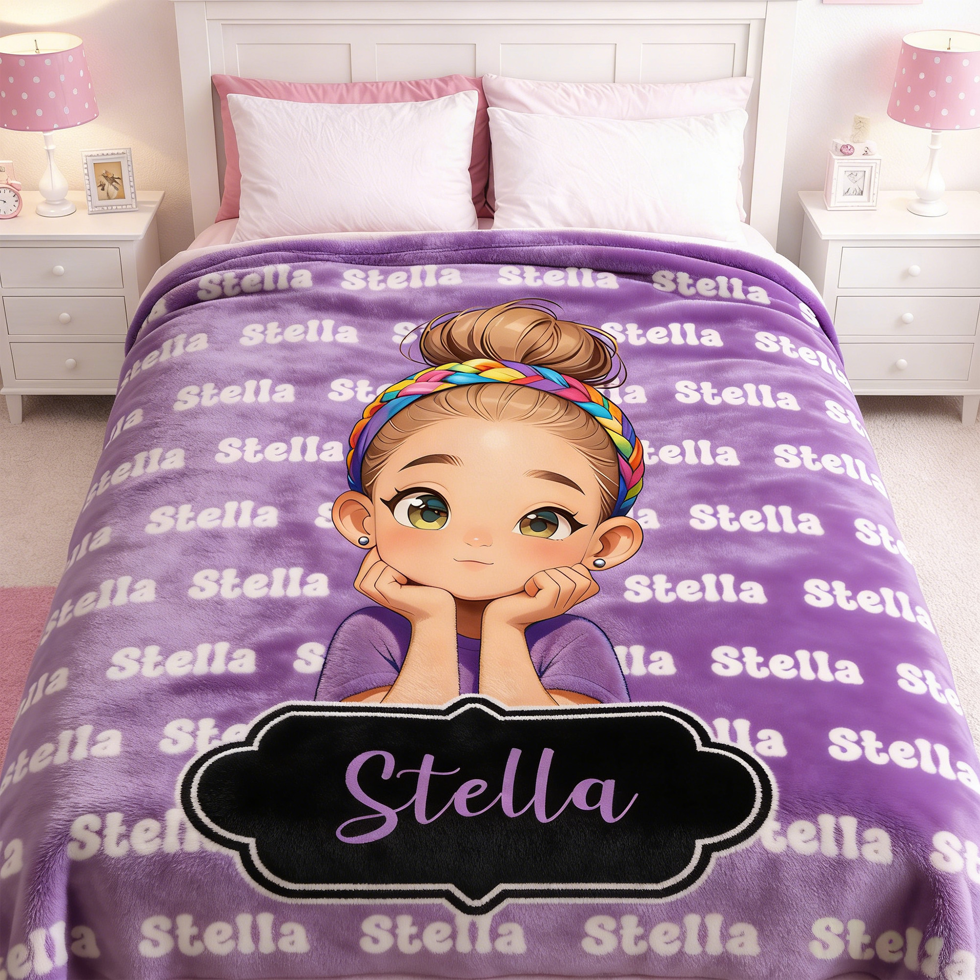 Personnalisé Multicolore Cartoon Girl Character Soft Throw Blanket with ...
